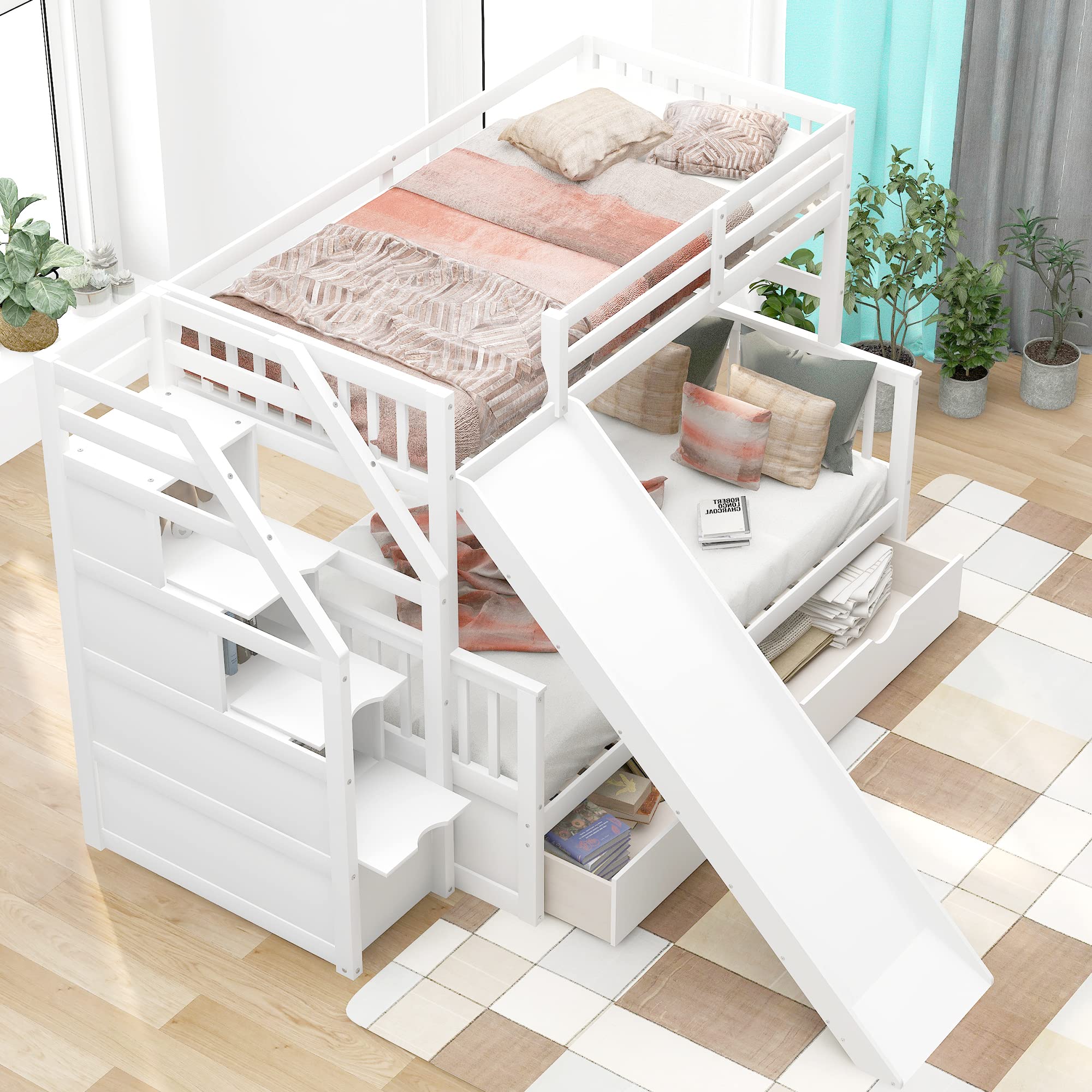 Twin Over Full Bunk Bed with Stairs and Slide, Solid Wood Bunk Bed Frame with Storage Drawers for Kids Girls Boys (White)