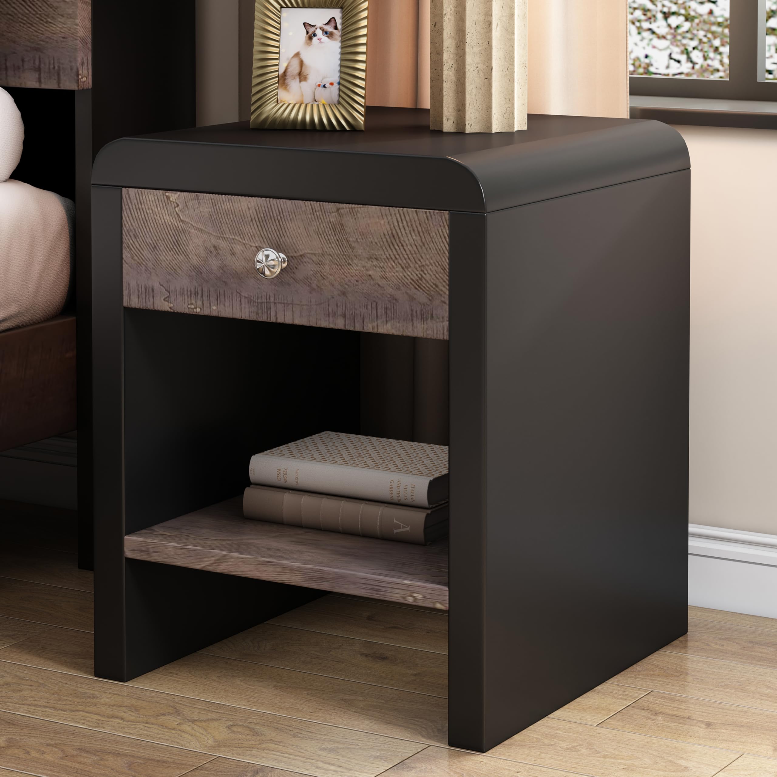 HESIEU Mid-Century Modern Nightstand with Single Drawer and Open Storage Side Table Sofa Table End Table Wood Finish for Bedroom Living Room Office