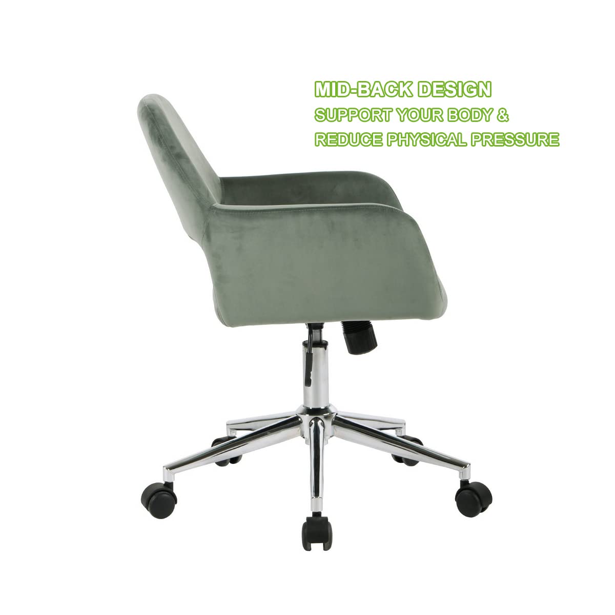 Geniqua Cactus Green Velvet Office Chair Swivel Task Chair Adjustable Mid Height Casters Rolling Computer Chair Modern for Home Office