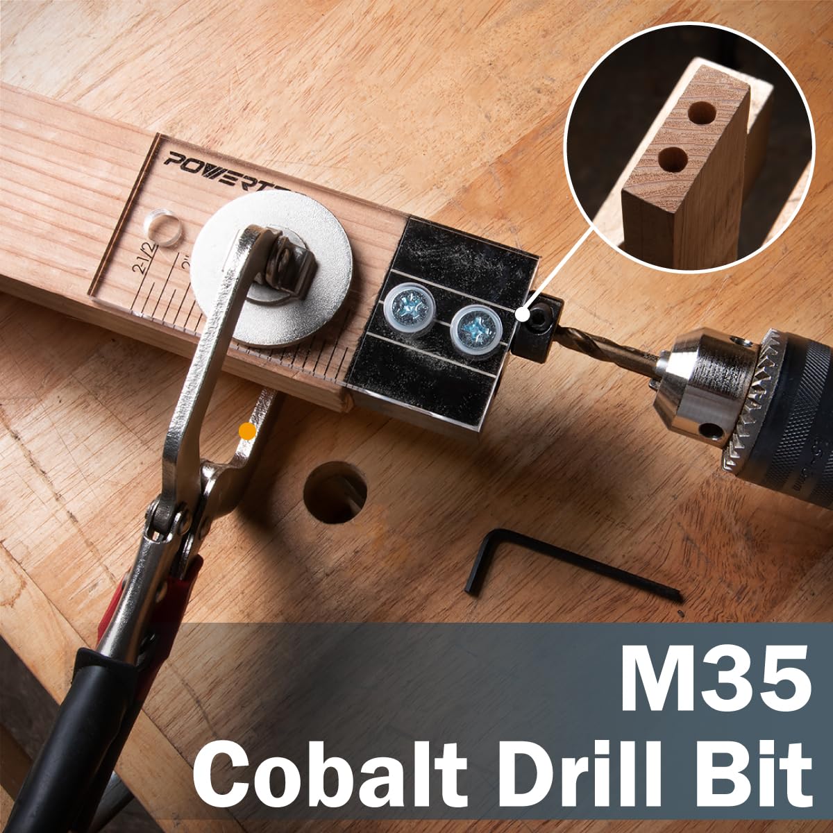 POWERTEC 71716 Dowel Drilling Jig with laser cut witness mark, included depth scale, Cobalt M-35 Drill Bit and Split Ring Stop Collar, 3/8-Inch