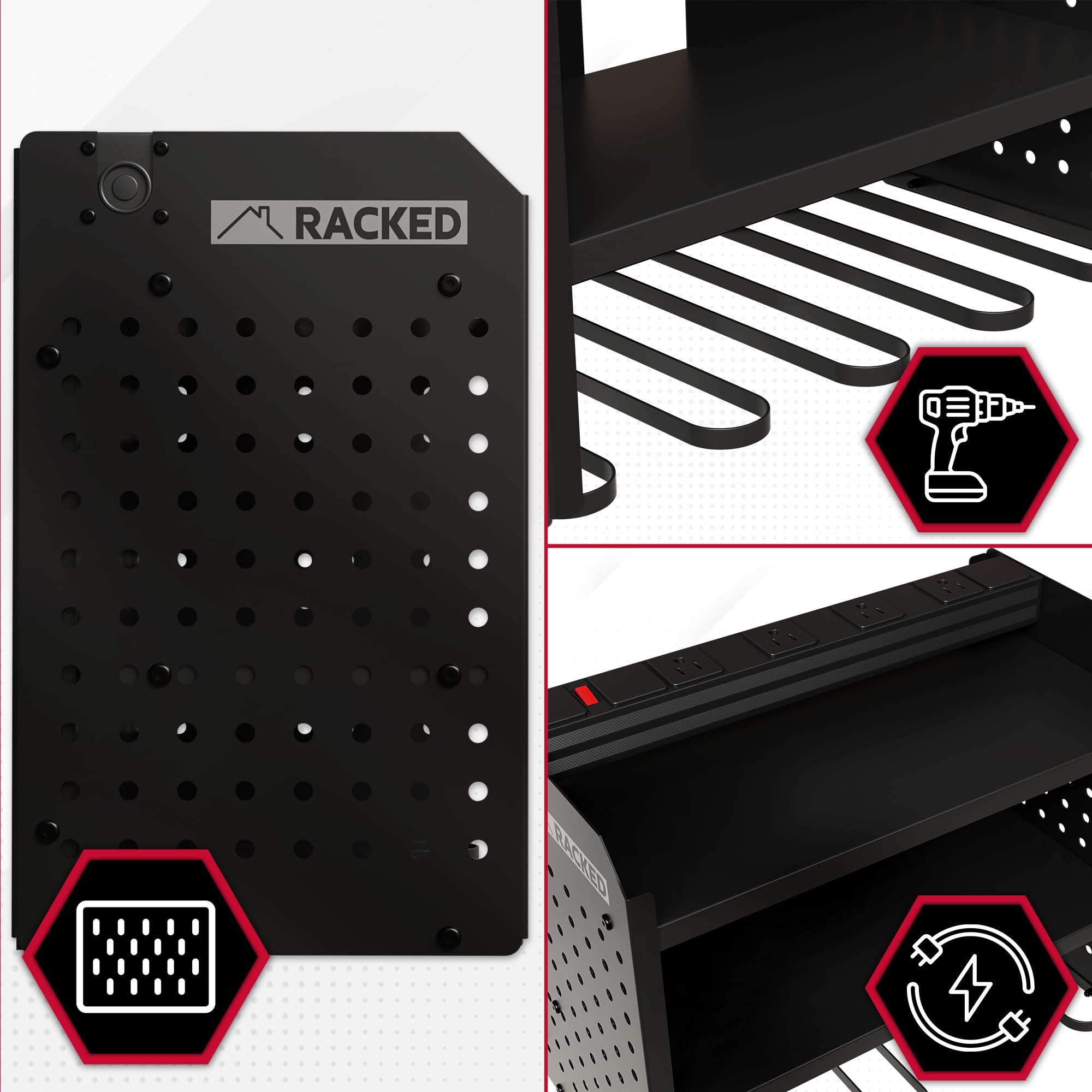 RACKED Power Tool Organizer Wall Mount - Heavy Duty Garage Organization w Side Pegboard, Outlet Charging Power Strip & Drill Holder - Easy to Install Tool Storage Rack for Screws & More