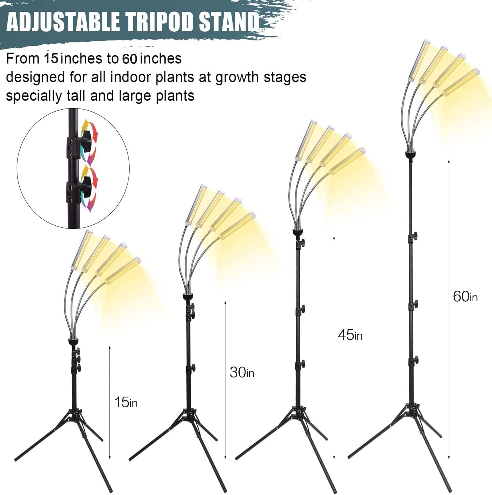 Grow Lights for Indoor Plants,Lxyoug Full Spectrum with 60" Extendable Tripod Stand,420 LEDs 200W Auto On/Off Timing Function Four-Heads Floor Plant Grow Light for Various Plants