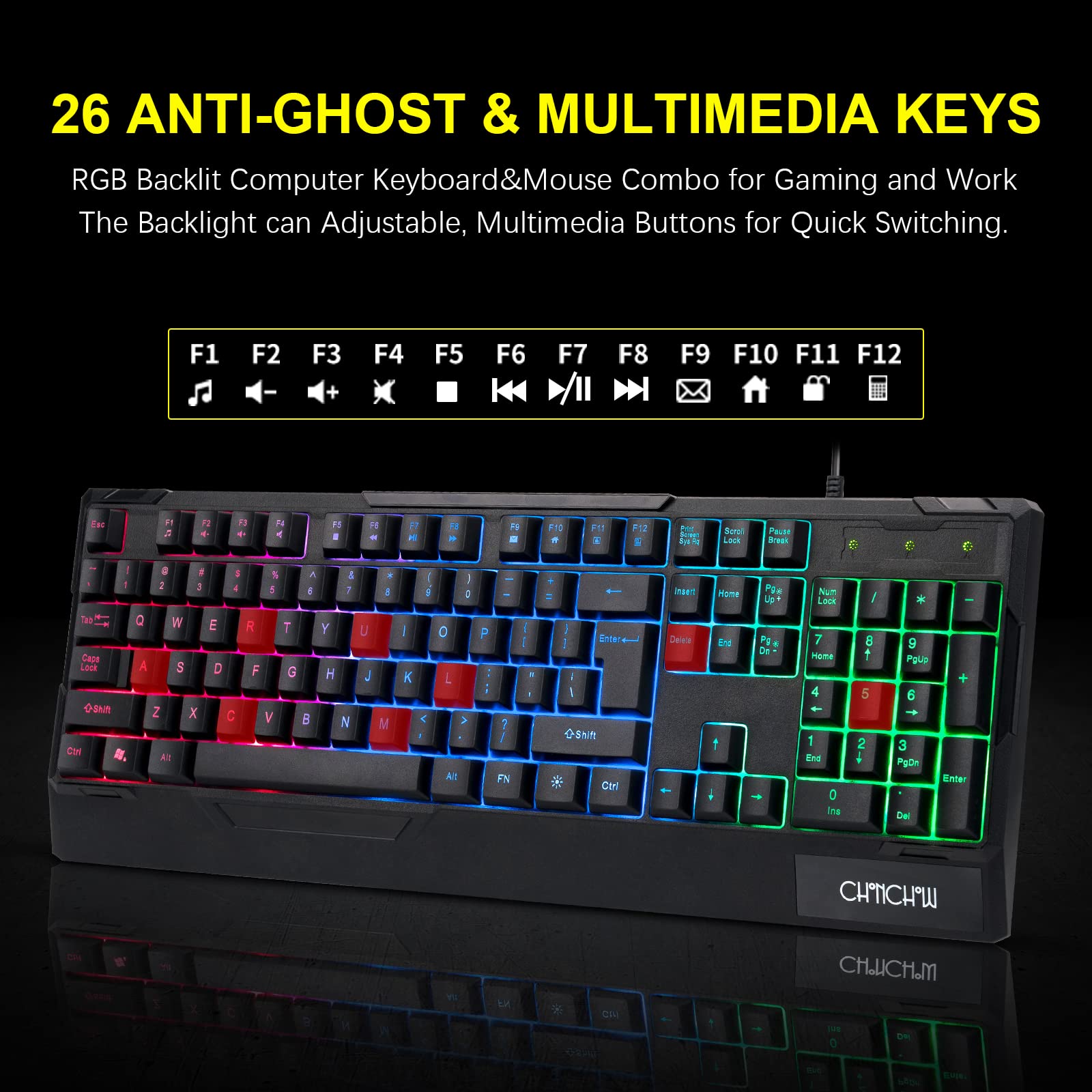 Gaming Keyboard and Mouse,CHONCHOW Full Size Computer Keyboard RGB Backlit USB Wired Keyboards&Gaming Mouse 3200DPI&Mousepad 3in1 for PC Laptop Desktop PS4 Xbox