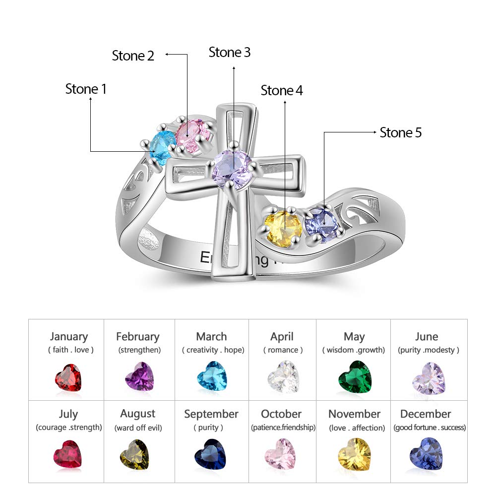 GLAMCARAT Personalized solid silver Cross ring with name and birthstones engraved ring for her religious jewelry Christian customized ring for women