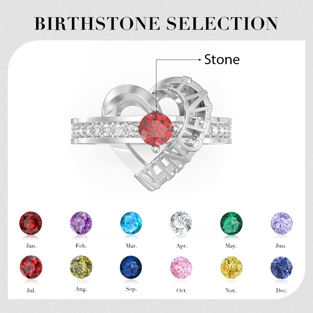 GLAMCARAT Sterling silver Heart Shaped personalized mothers ring with 1 birthstone engraved ring, customized ring, fine jewelry for women,initial engraving child names 1 stone name