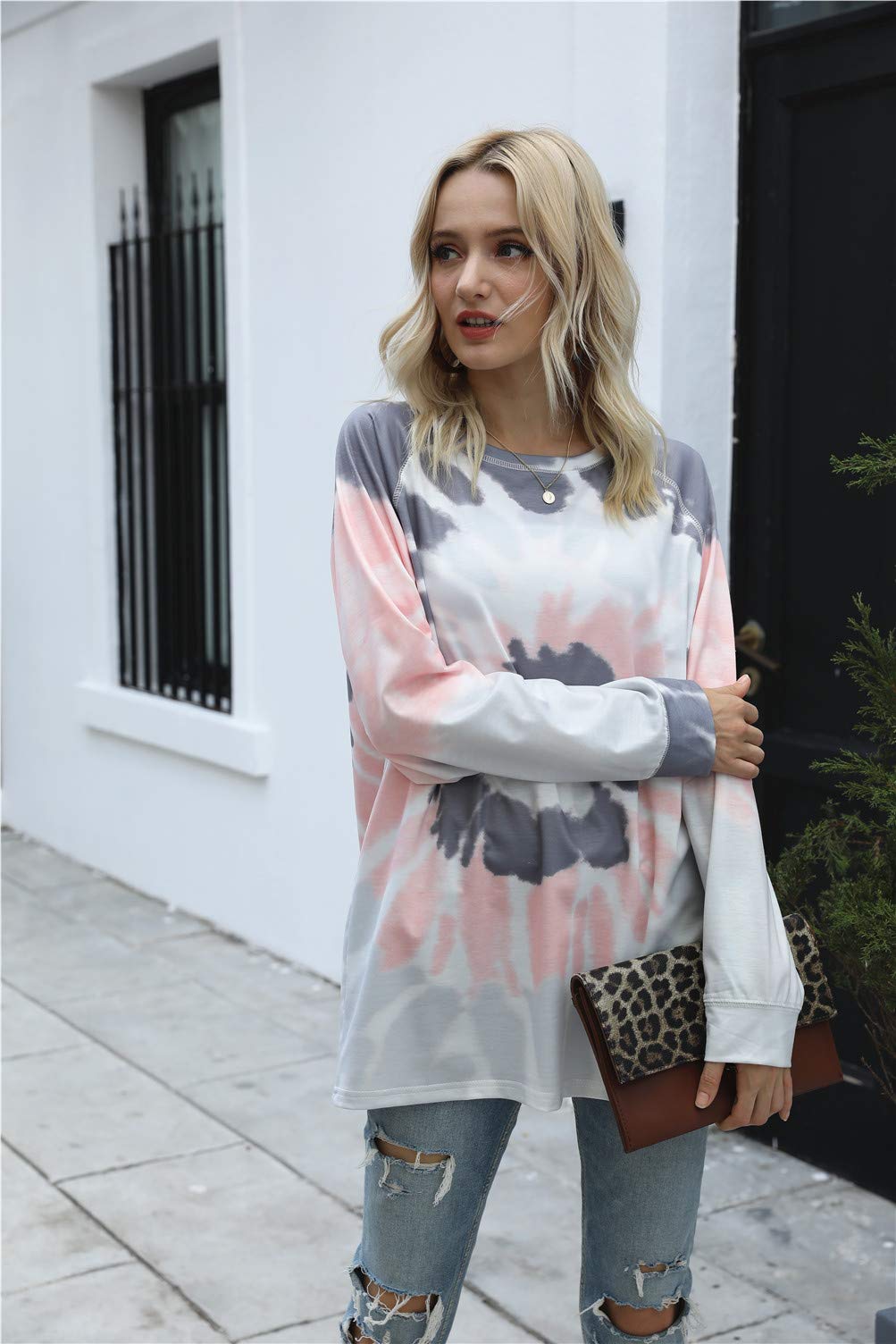 Famulily Women Tie Dye Long Sleeve Tshirt Crewneck T Shirts Long Sleeve Tops Summer Clothing(Grey,M)