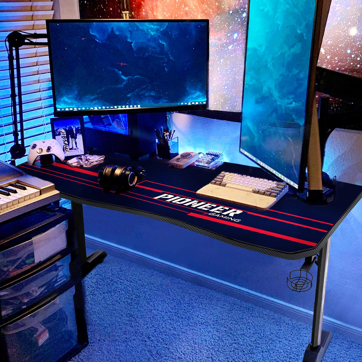 Flamaker Gaming Desk 44 Inch Gaming Table Computer Desk Gamer Table T Shape Game Station with Large Carbon Fiber Surface, Cup Holder & Headphone (Black)