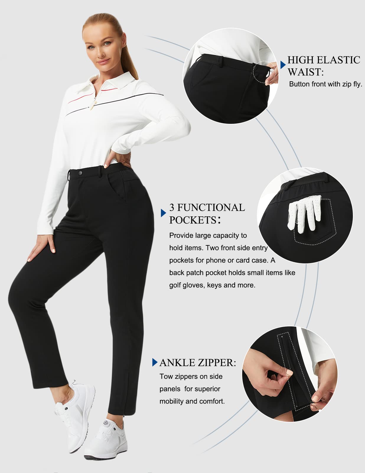 JACK SMITH Women Stretch Golf Pants Golf Outfits Clothes with Pockets Zip Dress Pants Quick Dry (Black #Slightly Thick Fabric M)
