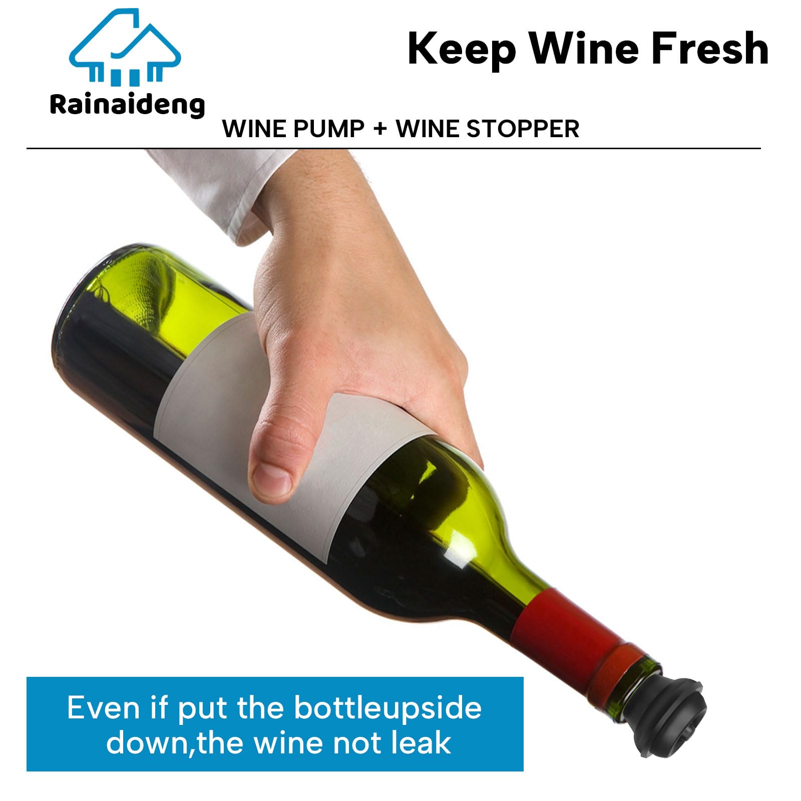 Rainaideng Wine Saver Pump with 6 Vacuum Stoppers,Wine Stopper, Wine Preserver, Wine Pump and Wine Vacuum Stopper are Black,Reusable Bottle Sealer Keeps Wine Fresh, Ideal Wine Accessories Gift