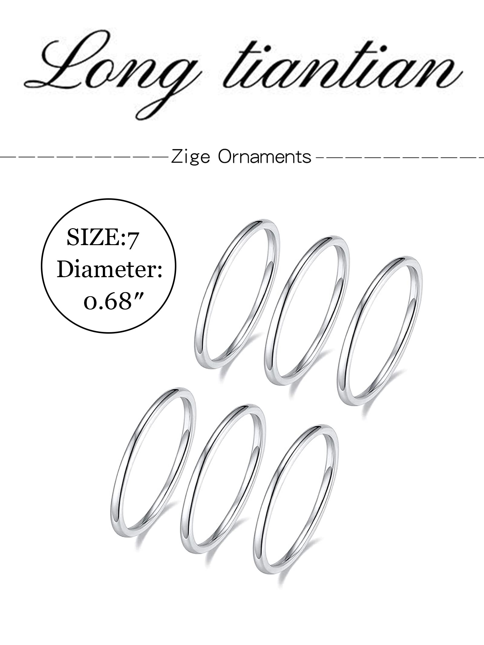 Long tiantian 6 Pcs Stacking Rings for Women Silver Simple Knuckle Rings for Women Stainless Steel Plain Thin Rings Thumb Statement Rings Christmas Stocking Stuffers Gifts(Size 7)
