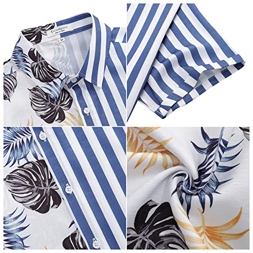 EliteSpirit Hawaiian Shirts for Mens Beach Shirts Casual Button Down Shirts Short Sleeve Striped Floral Print Blue Striped L