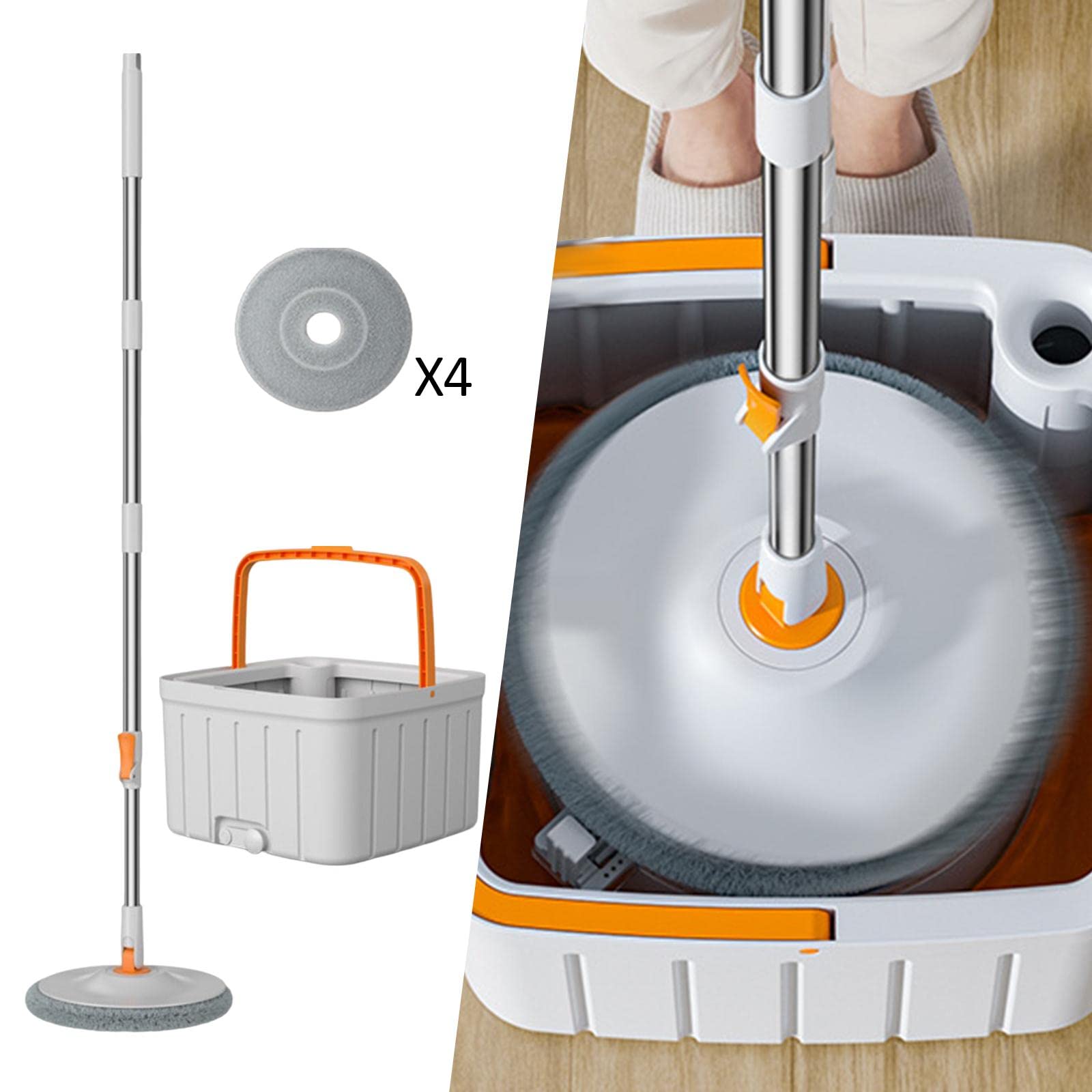 KLKCMS Rotatable Round Flat Floor Mop Bucket Set Rotating Mop Durable Telescopic Mop Handle Extends from 102cm to 128cm for Hardwood Professional, with 4 Pads