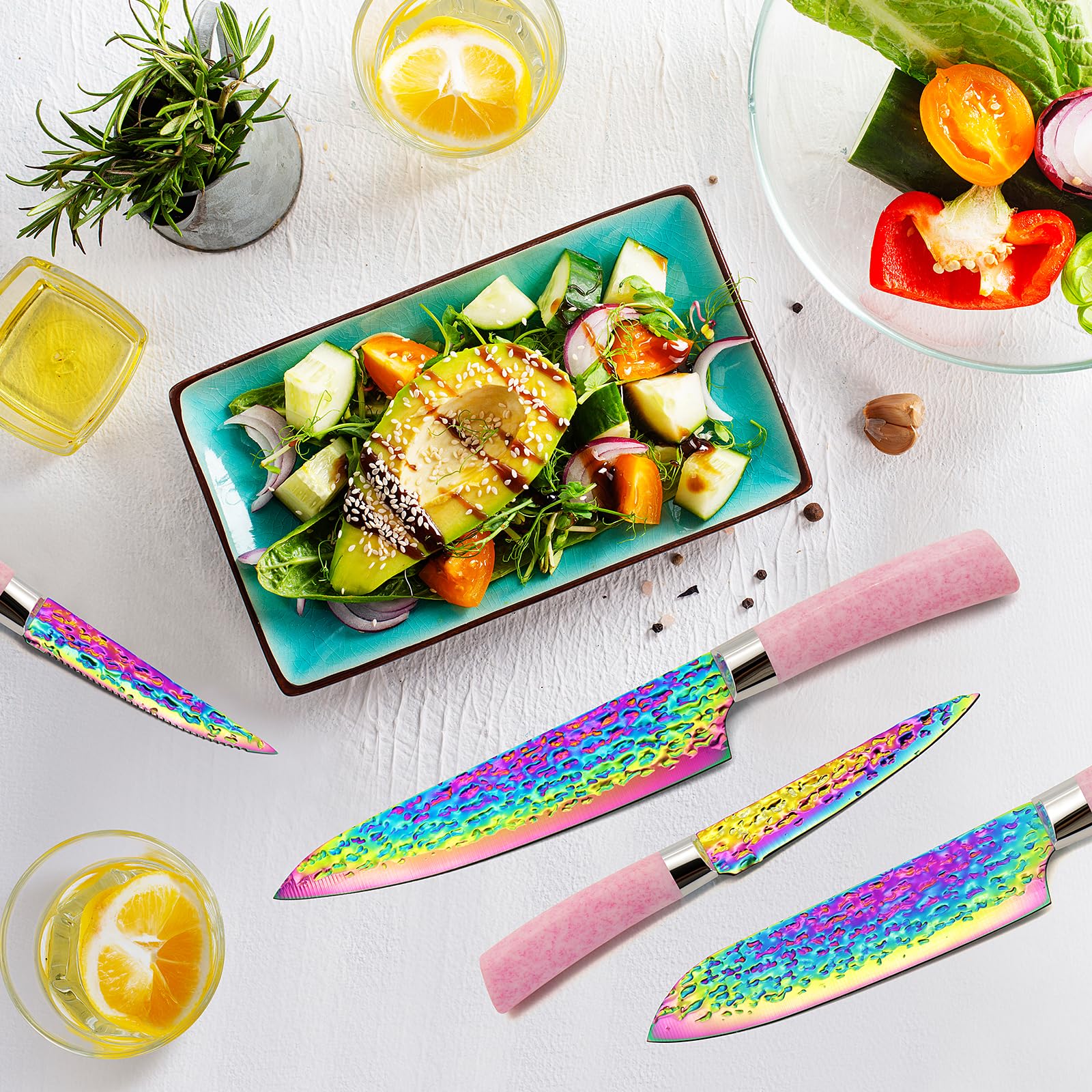 Rainbow Kitchen Knife Set Non Stick Knives with Wood Storage, Serrated Steak Knife, Chef Knife, Scissors with Built-in Sharpener, 14Pcs Ultra-Sharp Cutlery Block Sets for Home & Pro Use Best Gift