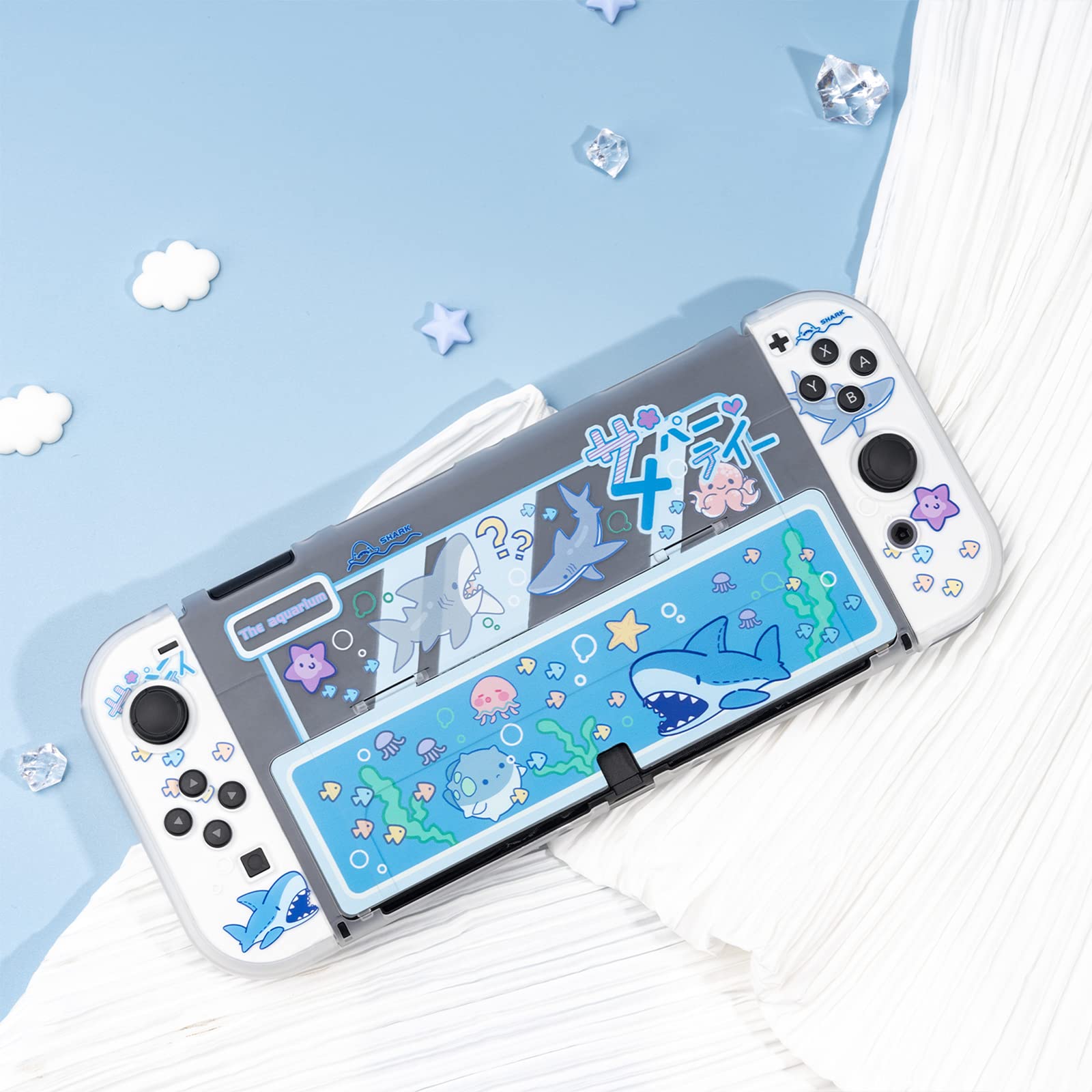 GeekShare Protective Case Slim Cover Case Compatible with Nintendo Switch OLED and Joy Con - Shock-Absorption and Anti-Scratch - Shark Party