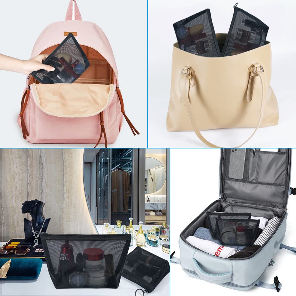 HRX Package Black Mesh Makeup Bag, 4pcs Travel Cosmetic Pouches with Zipper Toiletry Organizer Case for Purse Diaper Bag Tote Bag
