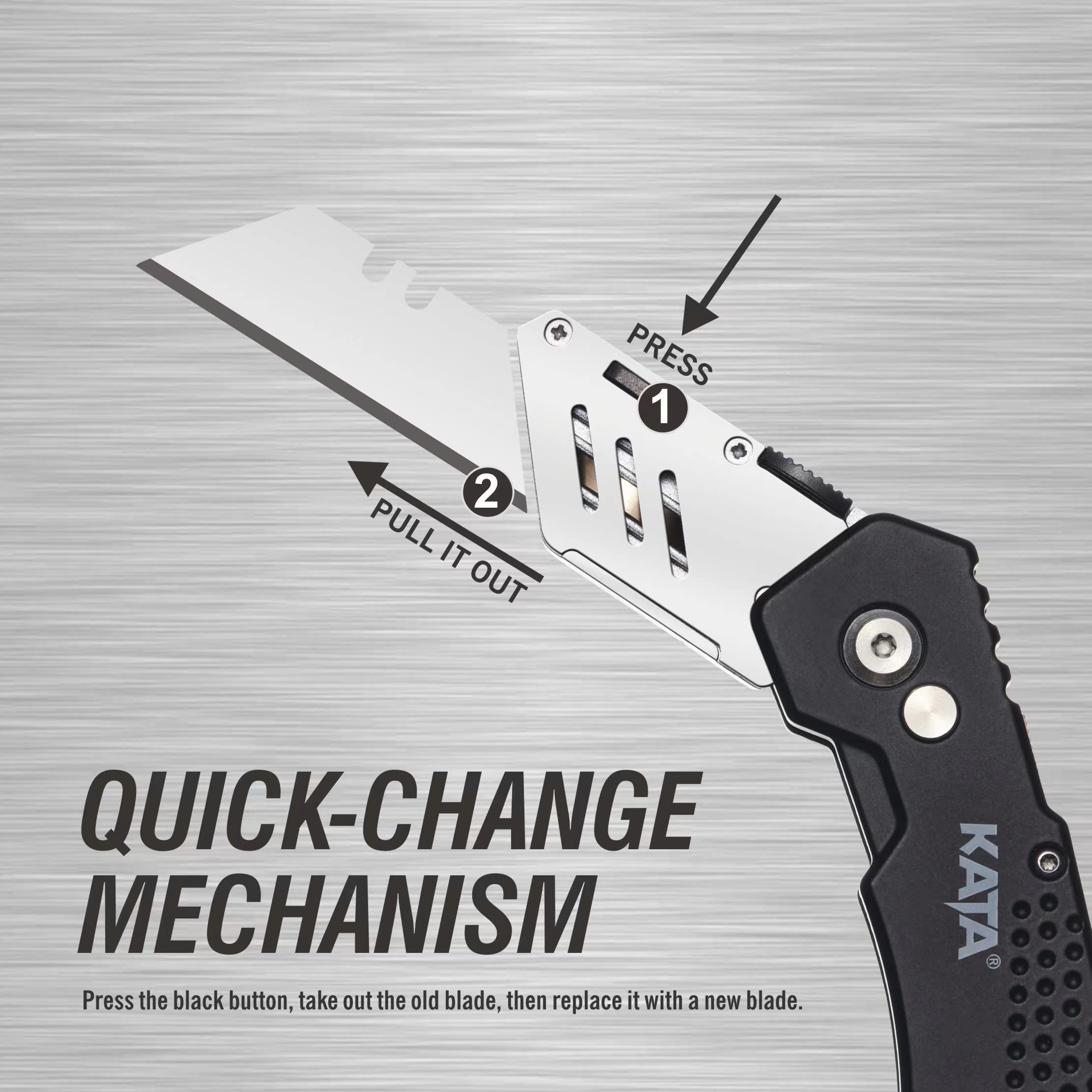 KATA 3-Pack Heavy Duty Box Cutter Folding Utility Knife With Zinc Alloy Body, Quick Change Blades, Lock-Back Design, Extra 12pc Blades For Cartons, Cardboard and Boxes