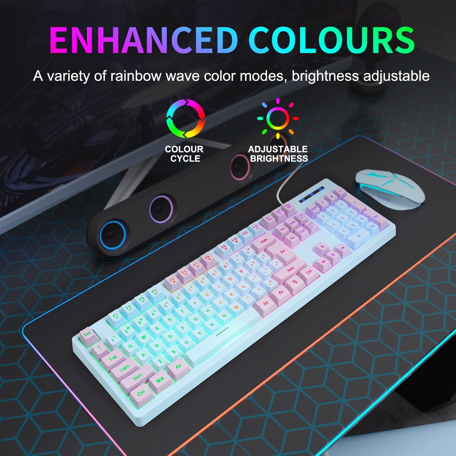 HUO JI Gaming Keyboard USB Wired with Rainbow LED Backlit, Quiet Floating Keys, Mechanical Feeling, Spill Resistant, Ergonomic for Xbox, PS Series, Desktop, Computer, PC, Pink White