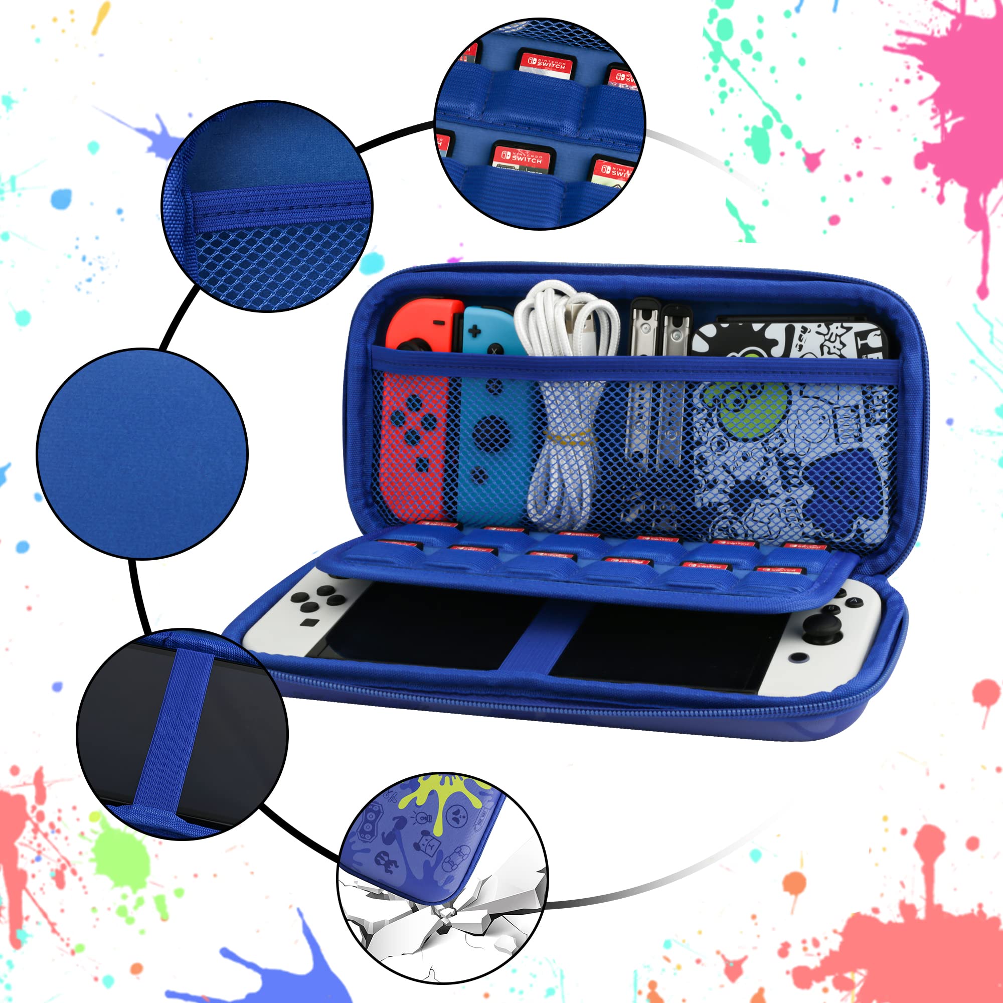 GLDRAM Carrying Case Bundle for Nintendo Switch and Switch OLED, Theme for Splatoon 3 Travel Case for Switch, Carrying Accessories Kit with Game Case, Thumb Grip Caps