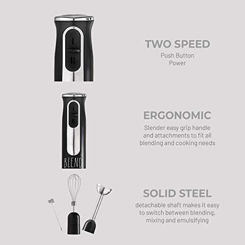 Rae Dunn Immersion Hand Blender- Handheld Immersion Blender with Egg Whisk and Milk Frother Attachments, 2 Speed Blender, 500 Watts, Stainless Steel Blade (Black)