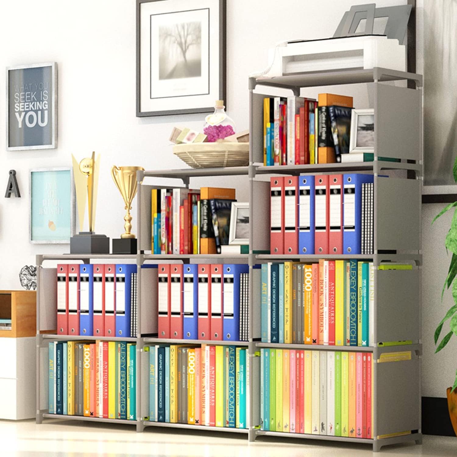 OPPSDECOR 9 Cube Bookshelf DIY Bookcase Adjustable Home Office Book Organizer Shelves Cabinet (Gray)