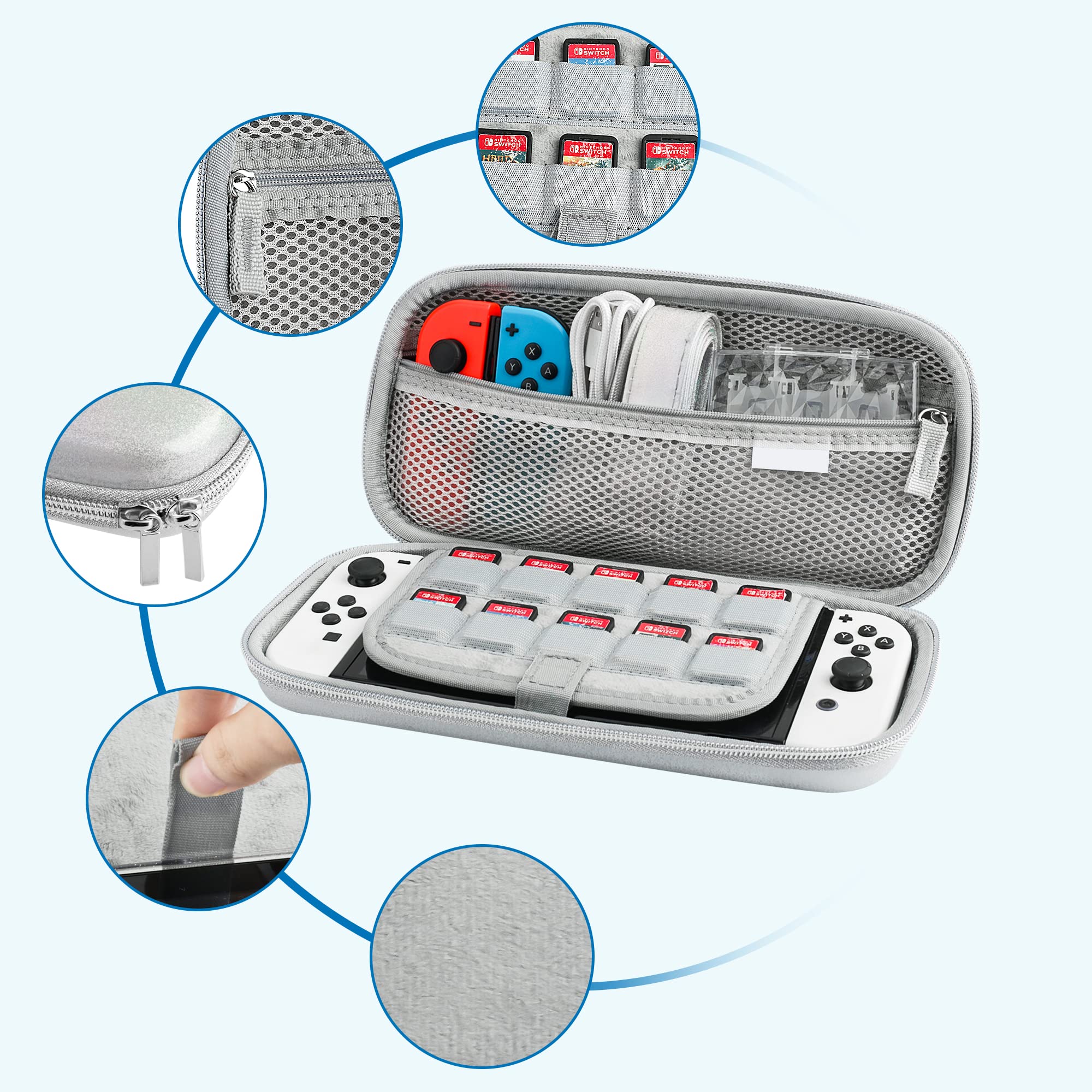 GLDRAM Glitter Carrying Case Bundle for Nintendo Switch & OLED, Accessories Kit with Protable Silver Switch Travel Case, Shoulder Strap, Clear Diamond Game Card Case Holder and Thumb Grip Caps
