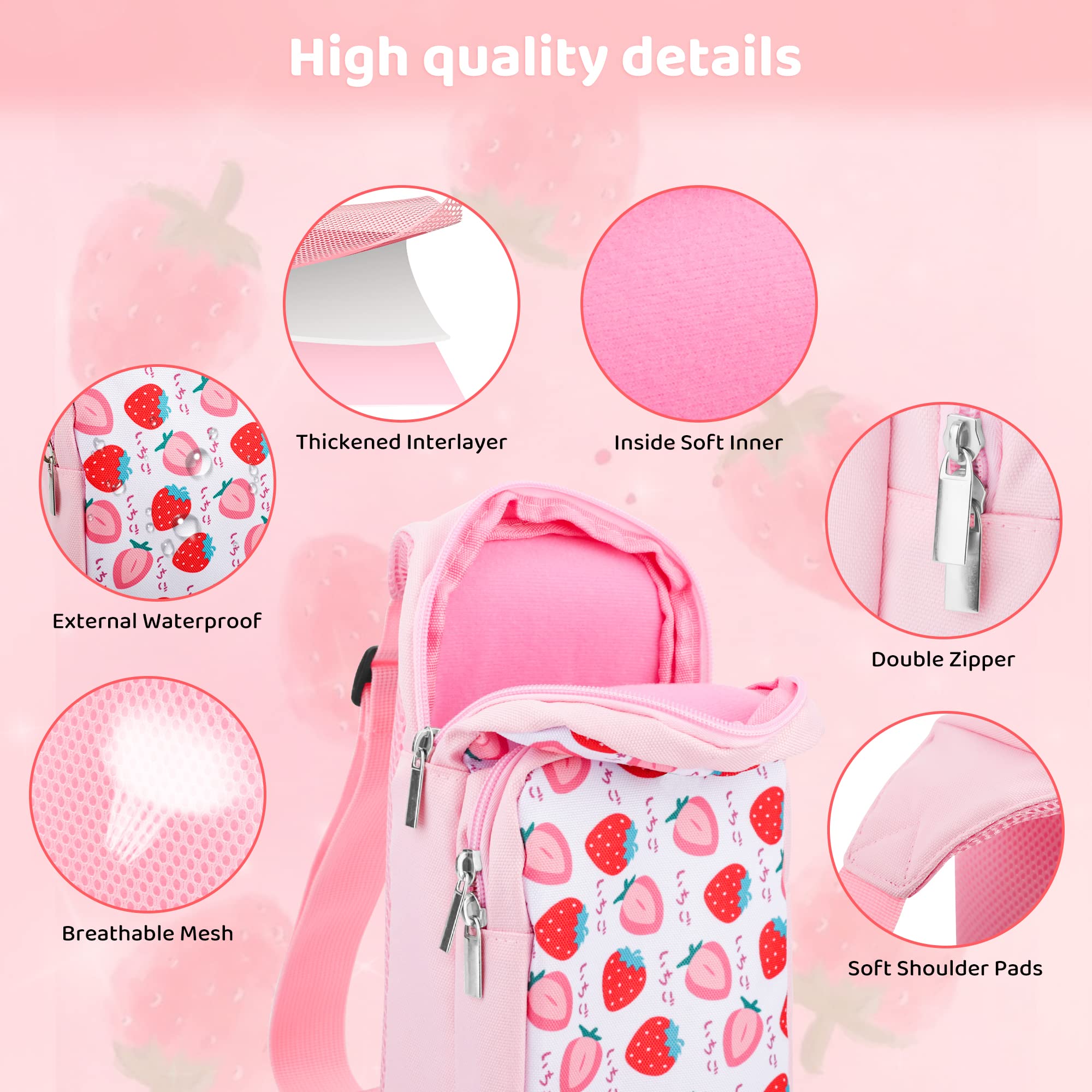 GLDRAM Pink Strawberry Travel Bag for Nintendo Switch/OLED/Lite, Cute Carrying Case Portable Sling Shoulder Bag Accessories Bundle for Switch with Game Card Case Holder & 2 Thumb Grip Caps for Girls