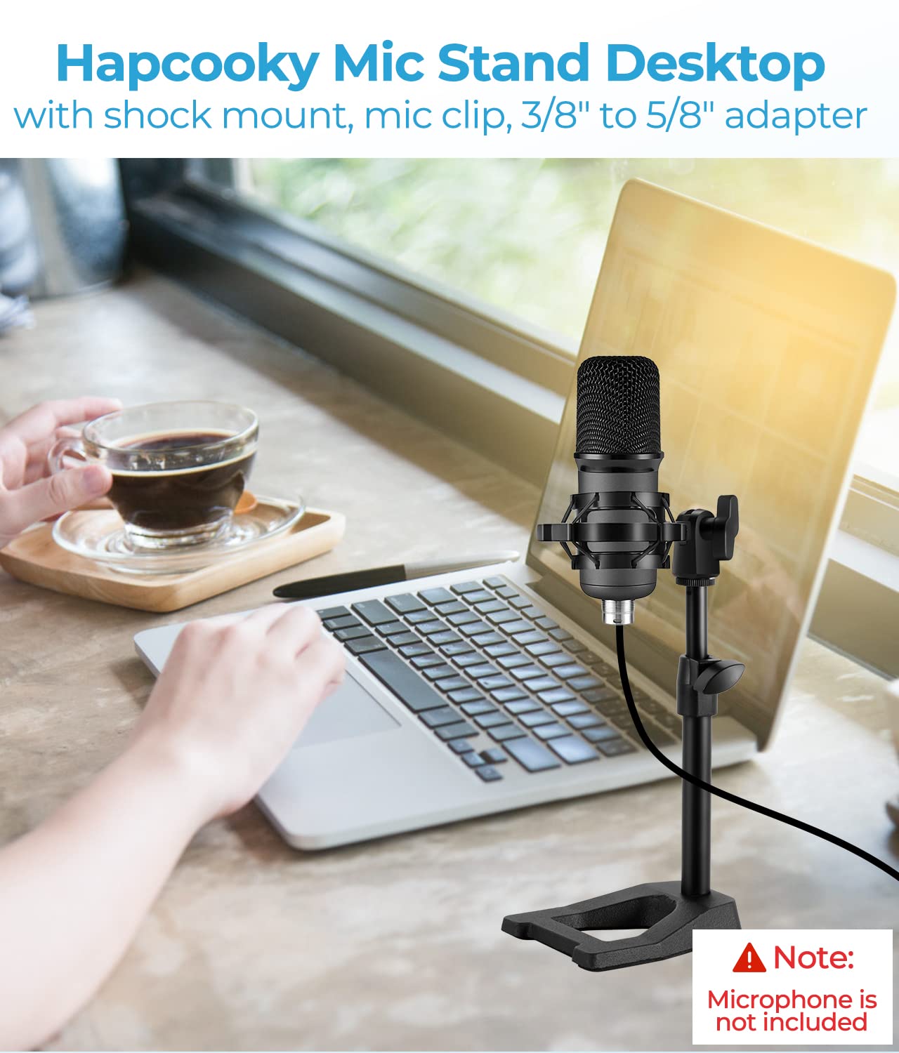Hapcooky Mic Stand Desk with Weighted Base, Adjustable Height Table Microphone Stand with Shock Mount & 3/8" to 5/8" Adapter and Mic Clip for Blue Yeti, AT2020, Shure SM58, Condencer Microphone