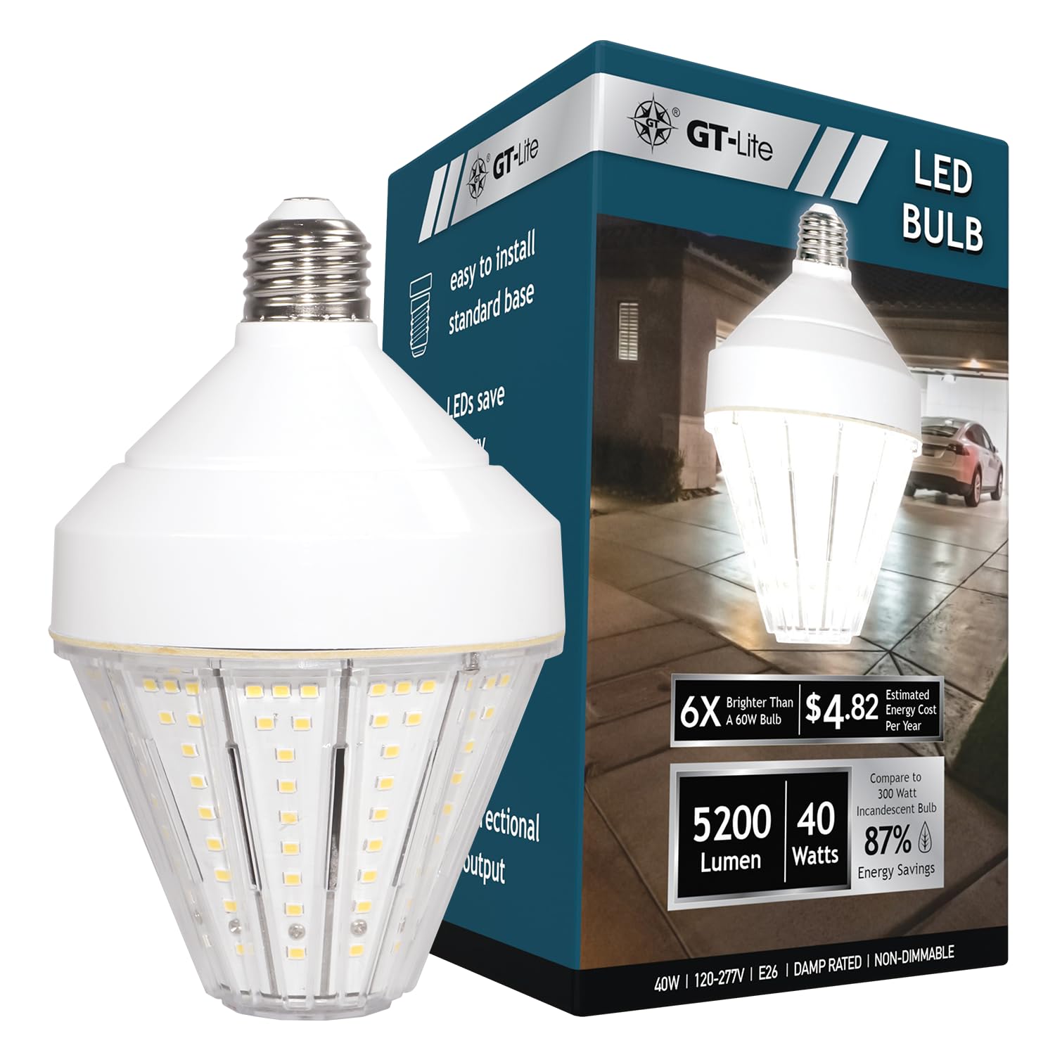 GT-Lite 5200 Lumen LED Corn Cob Light Bulb, 40-watt, 300-watt Equivalent, Daylight 5000K Light Color, E26 Base, Energy Saving LED Light for Indoor Outdoor Garage Workshop Warehouse Home Use. 1-Pack