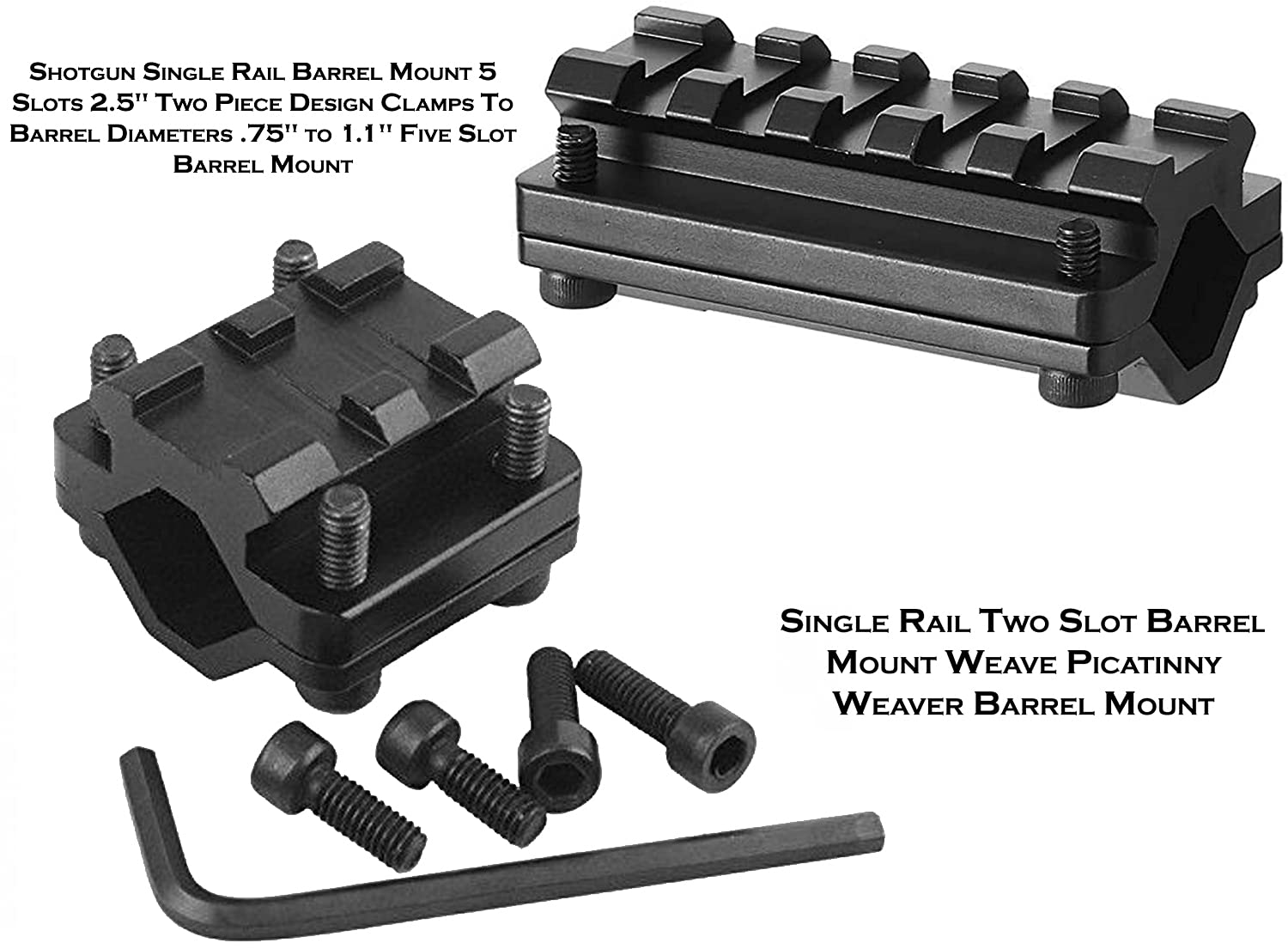 Gotical Combo of 2 Items - Shotgun Single Rail Barrel Mount 5 Slots 2.5 inch Two Piece and Single Rail Two Slot Barrel Mount Weave Picatinny Weaver Barrel Mount