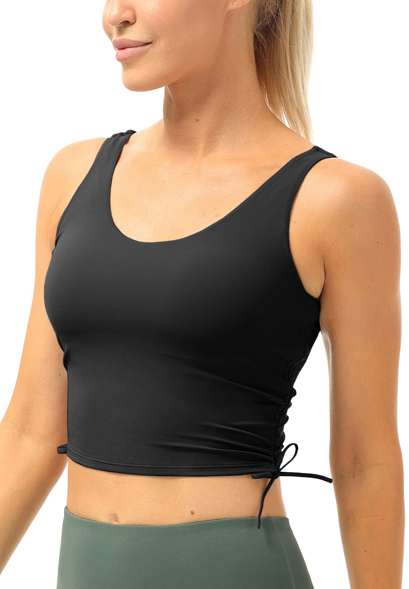 icyzone Padded Workout Tank Tops for Women, U Back Athletic Yoga Running Crop Tops with Built in Bra (Black, S)
