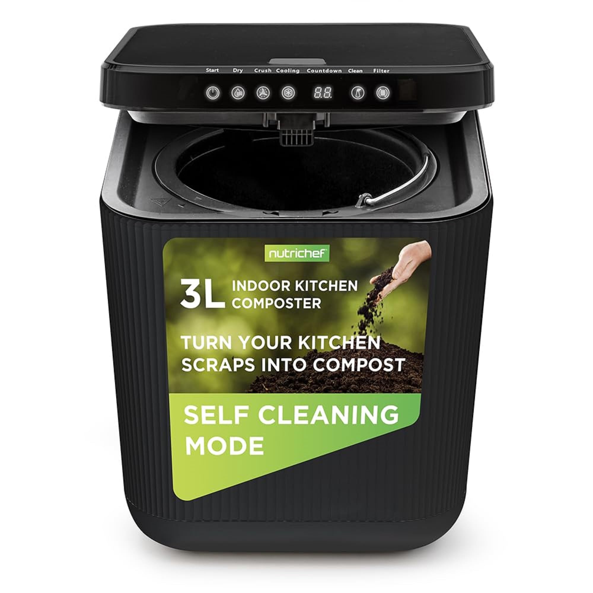 Nutrichef 3L Electric Kitchen Composter - Compostās Organic Material & Food Scraps | Countertop Automatic Compost Bin | Dry, Crush, & Cooling Functions | Perfect for Kitchens & Apartments | Grey
