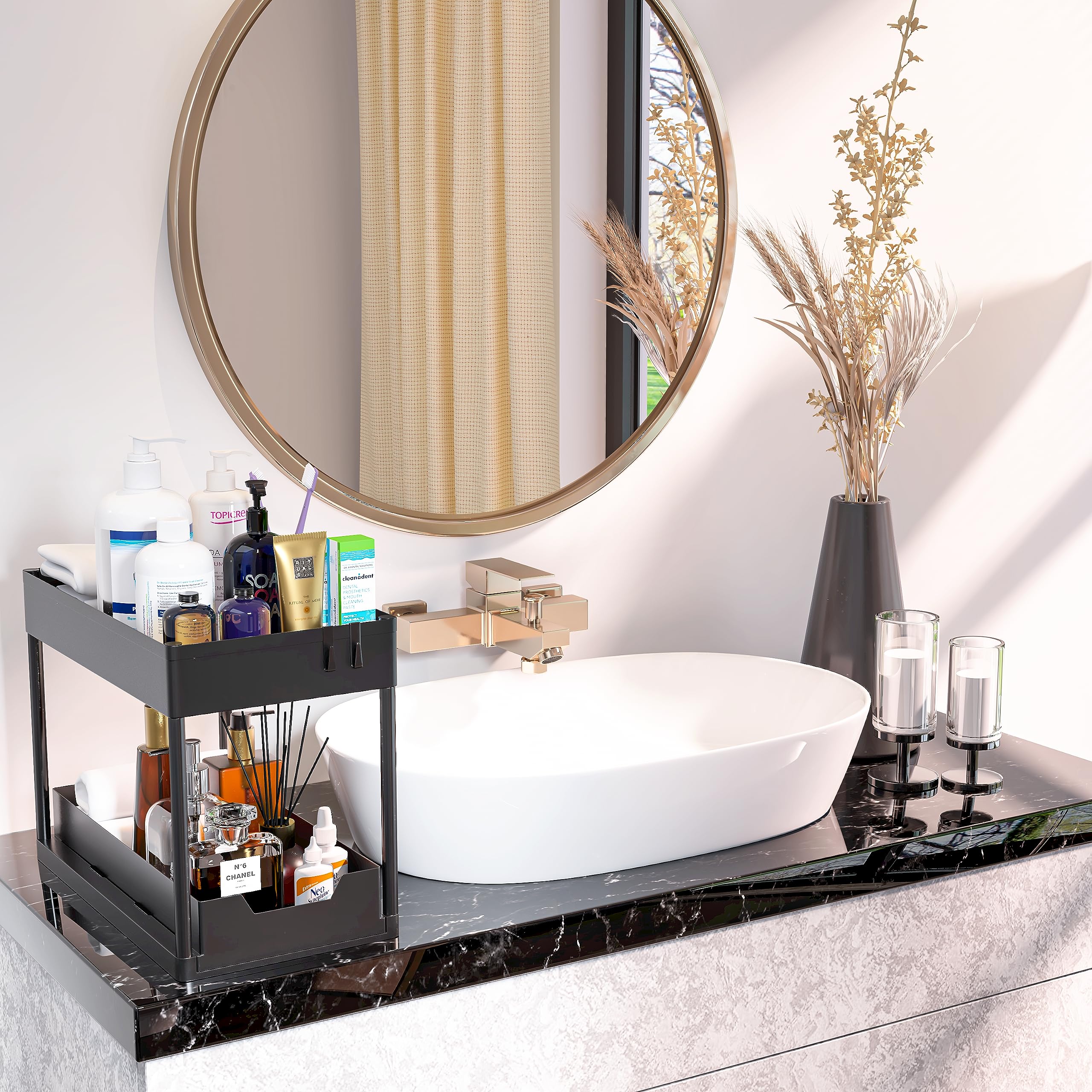 HomeCentral Under Sink Organizers and Storage, 2 Tier Kitchen and Bathroom Cabinet Organizer with Paper Towel Holder, 2 Pack Under Sink Organizer with Hooks, Cups and Pull Out Drawers
