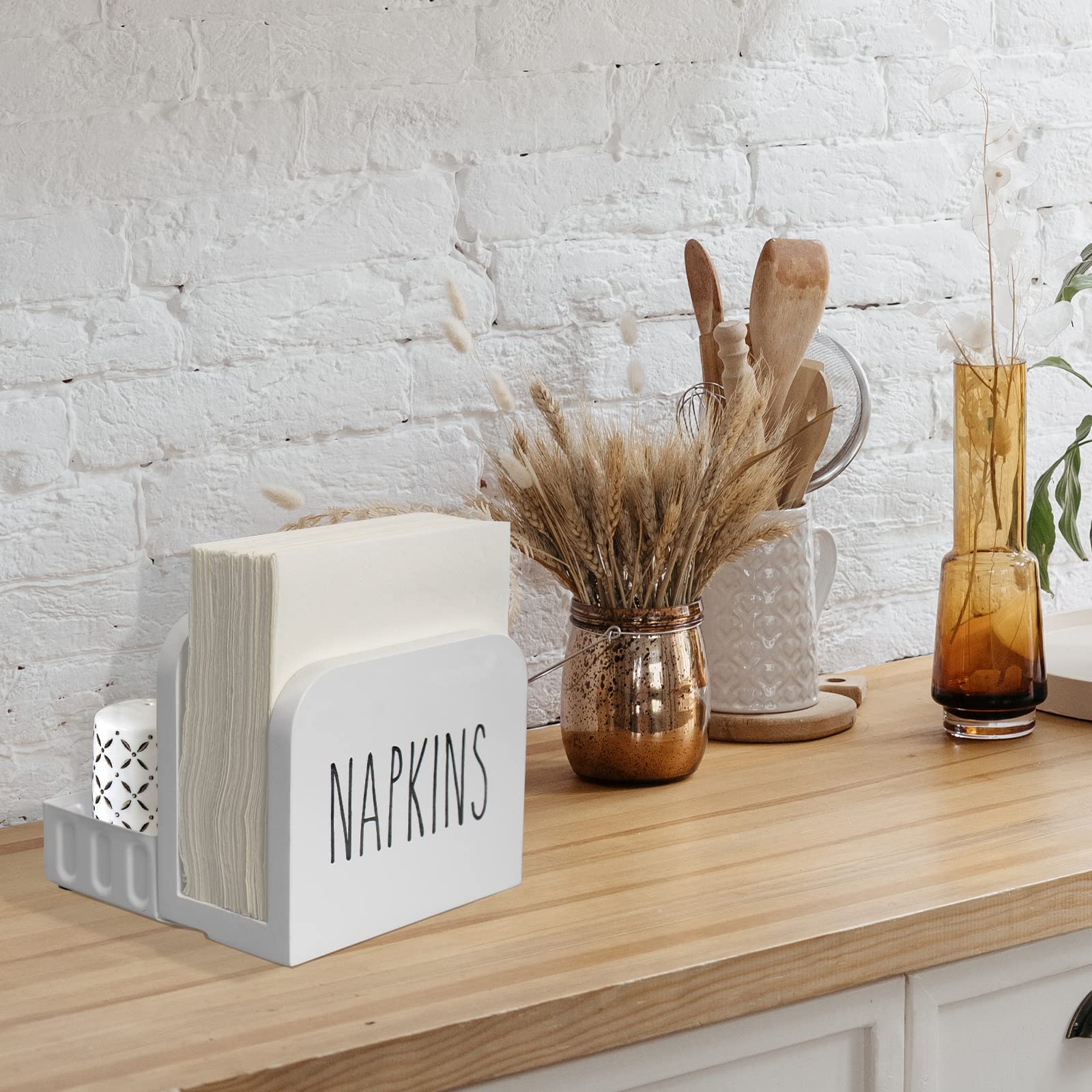 Karisky Rustic Napkin Holder with Salt and Pepper Shakers Holder, Boho 2-in-1 Solid Real Wood and Metal Napkin Caddy with Non-Slip Base for Tables, Kitchen Countertop, White