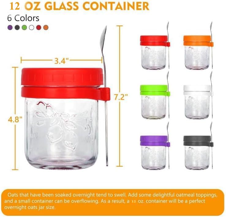 Overnight Oats Containers with Lids and Spoon, 6 Pack Mason Jars, 12 Oz Glass Container to Go for Chia Pudding Yogurt Salad Cereal Meal Prep