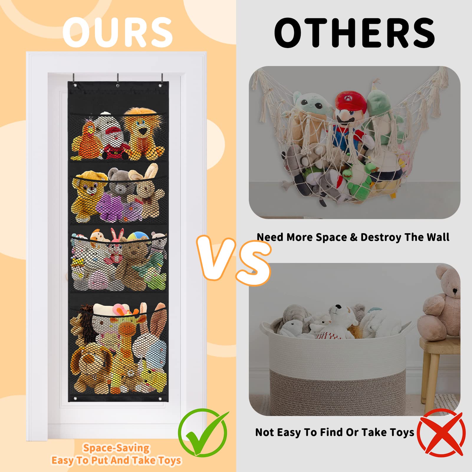 Over The Door Stuffed Animal Storage, Msoesticc.dl Hanging Stuff Animal Organizer with 4 Breathable Large Pockets Eassy Access Toy Storage for Kids Room Bathroom Nursery