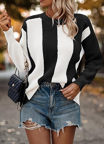 PRETTYGARDEN Women's 2023 Fall Knit Pullover Sweater Casual Long Sleeve Color Block Jumper Blouse Tops (Black,Large)