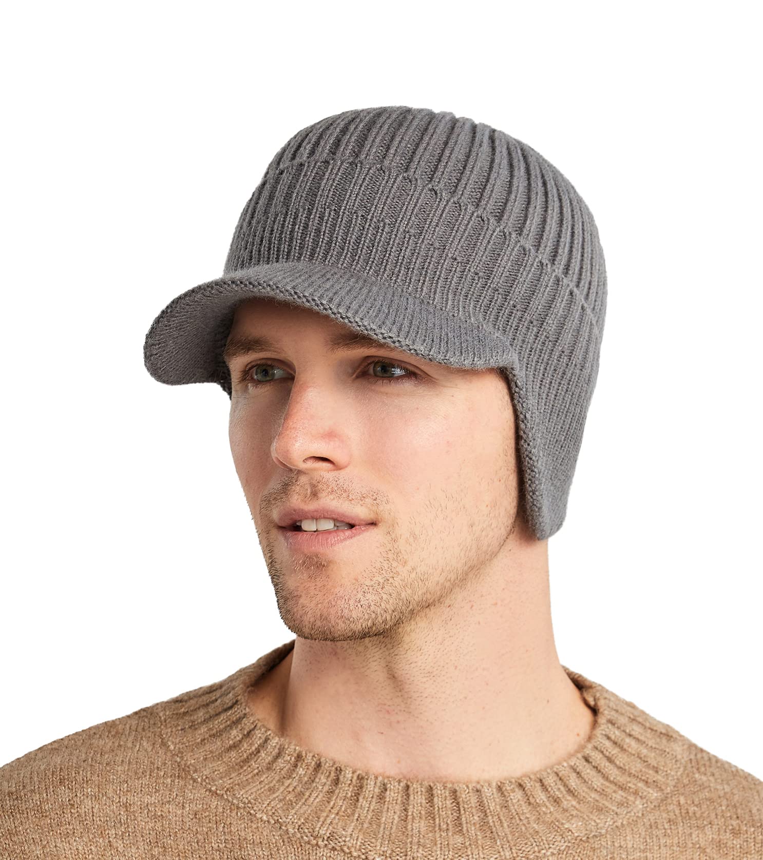 Koreshion Men's Winter Visor Beanie Hat with Earflaps Knit Baseball Cap with Brim Ski Hat Warm Fleece Lined Hunting Hat Grey