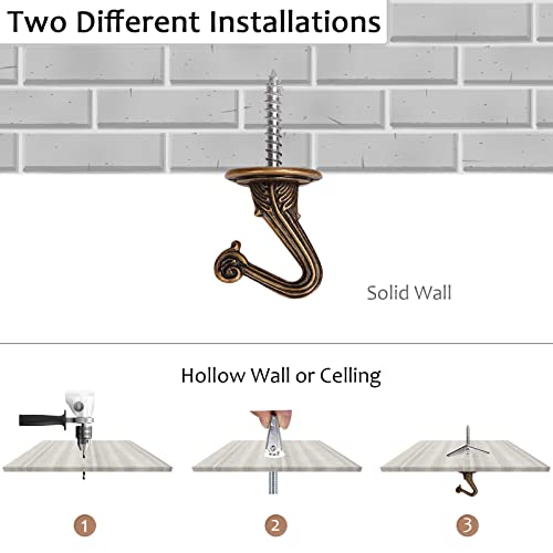 SEISSO 3 Sets Ceiling Hooks for Hanging Plants,Heavy Duty Metal Swag Hook with Hardware and Toggle Wings for Ceiling Installation Cavity Wall Fixing(Brass)