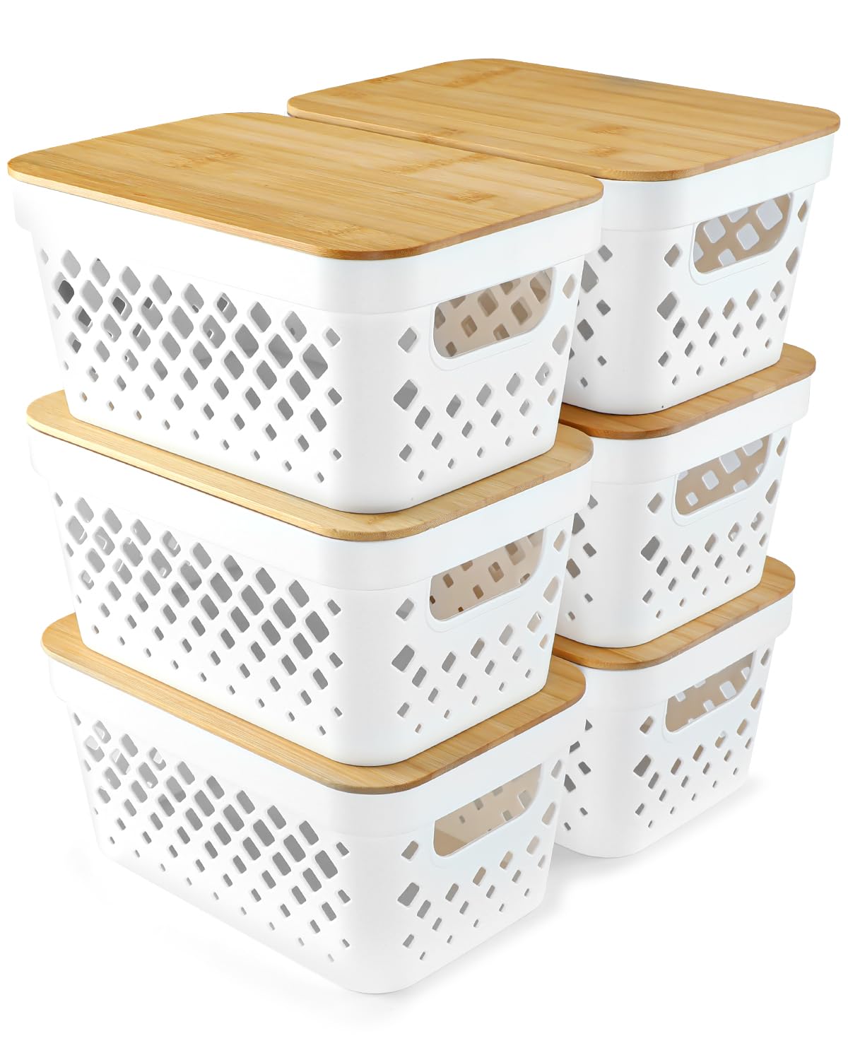 Small Storage Bins with Lids-Plastic Storage Containers Storage Baskets for Organizing Desktop Closet Playroom Classroom Office,Set of 6,White