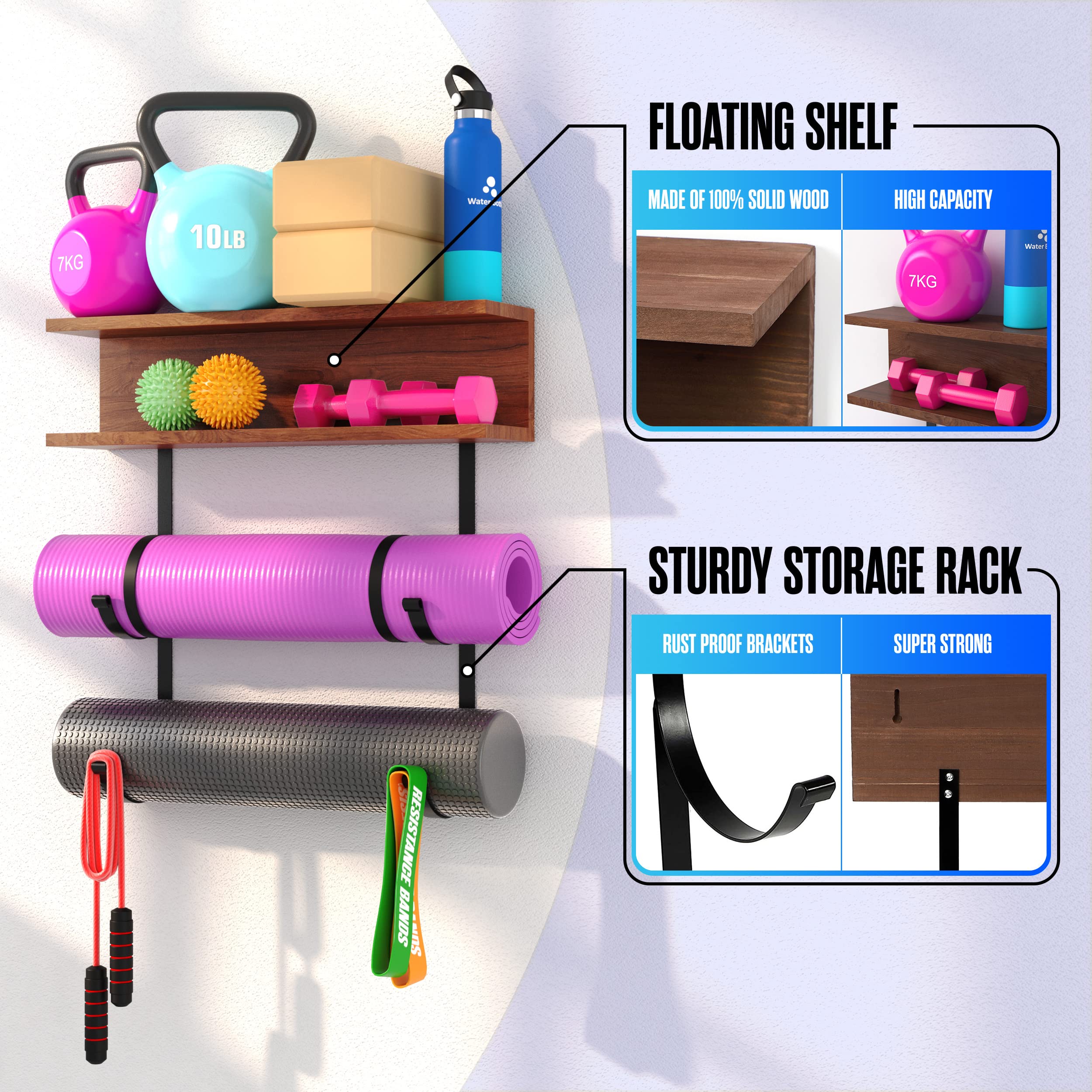 Houseables Yoga Mat Holder, Wall Mounted Organizer w/Shelf and Hooks, 23.5” x 6.75” x 5.5”, Brown, Black, Wood, Metal, Foam Roller Hanging Rack, Workout Accessories Storage, Home Gym Exercise Mount