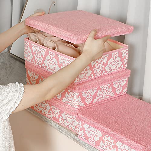 SEEKIND Storage Box, Decorative Storage Bins with Lid,6 in 1 Set,with Handles,Foldable for Space Saving Storage Boxes,for Bras,Clothes, Cosmetic,Blankets (Pink) …