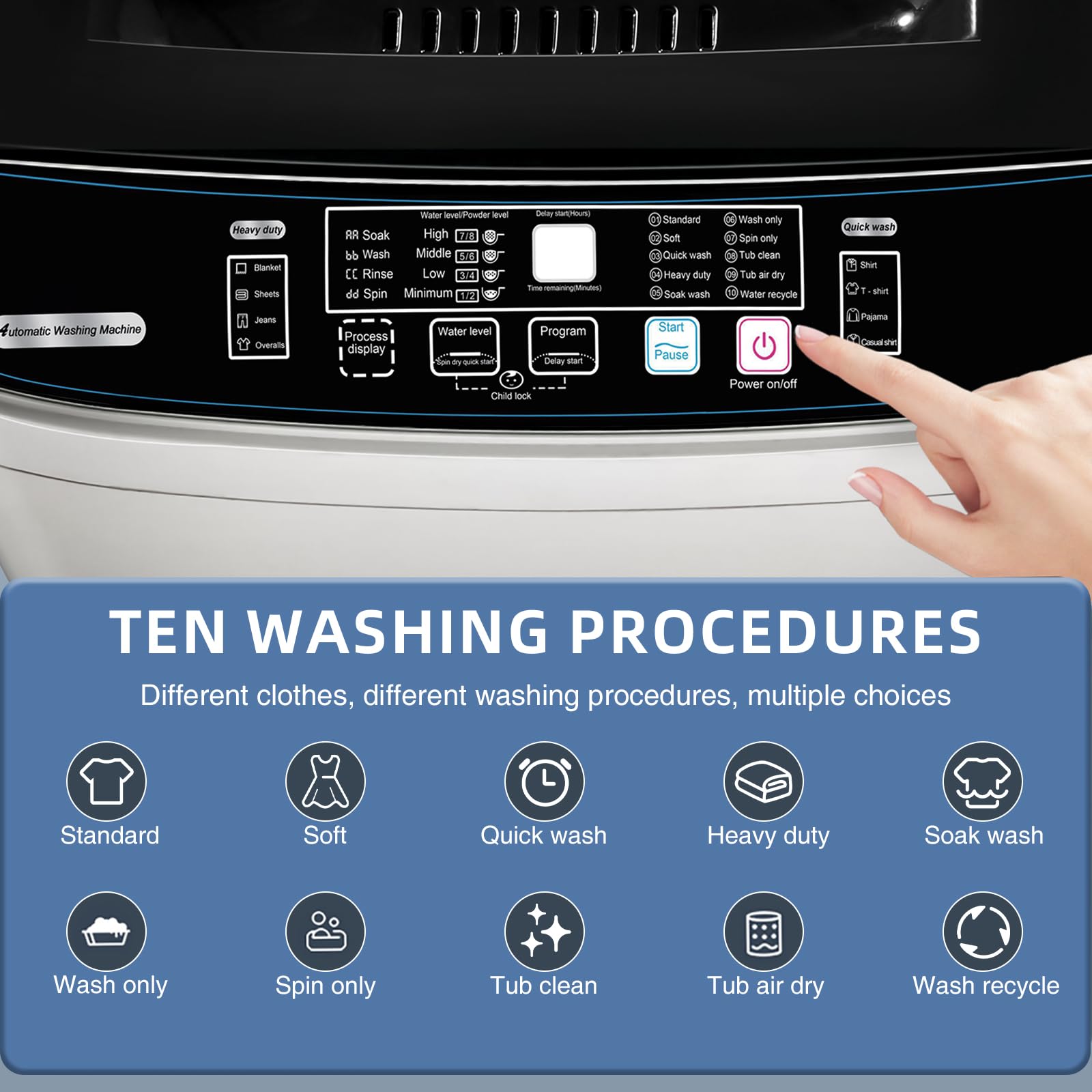 Iorbur 15.6lbs Full-Automatic Washing Machine, Portable Compact Laundry Washer with Drain Pump, 10 Programs 8 Water Levels with LED Display for RV, Camping, Apartment, Dorm, Dark-Grey
