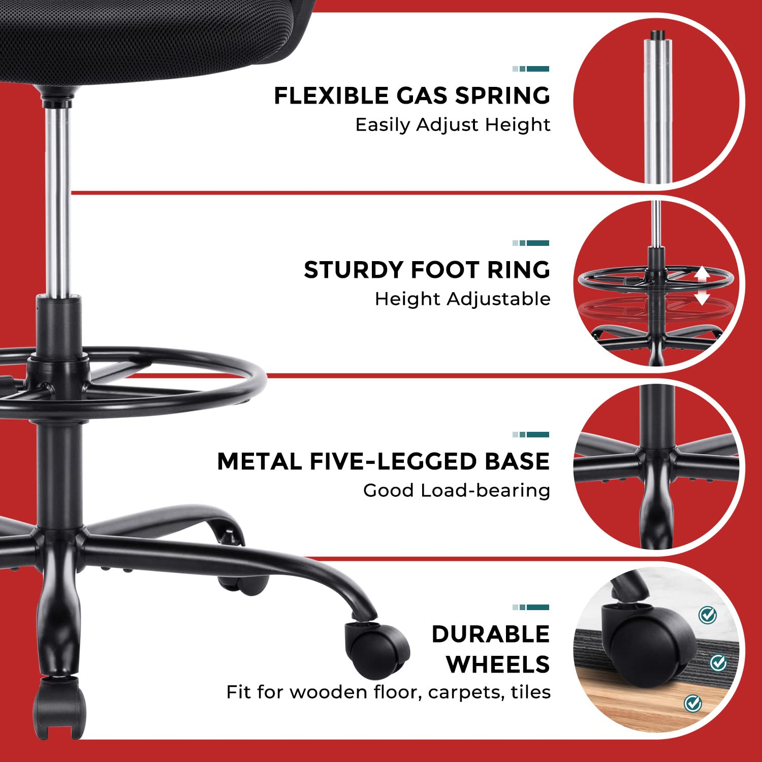 HOMEFLA Drafting, Tall Office, High Adjustable Ergonomic Mesh Computer Task Chairs with Lumbar Support, Armrests and Foot-Ring for Bar Height Desk, 28" D x 19" W x 47" H, Black