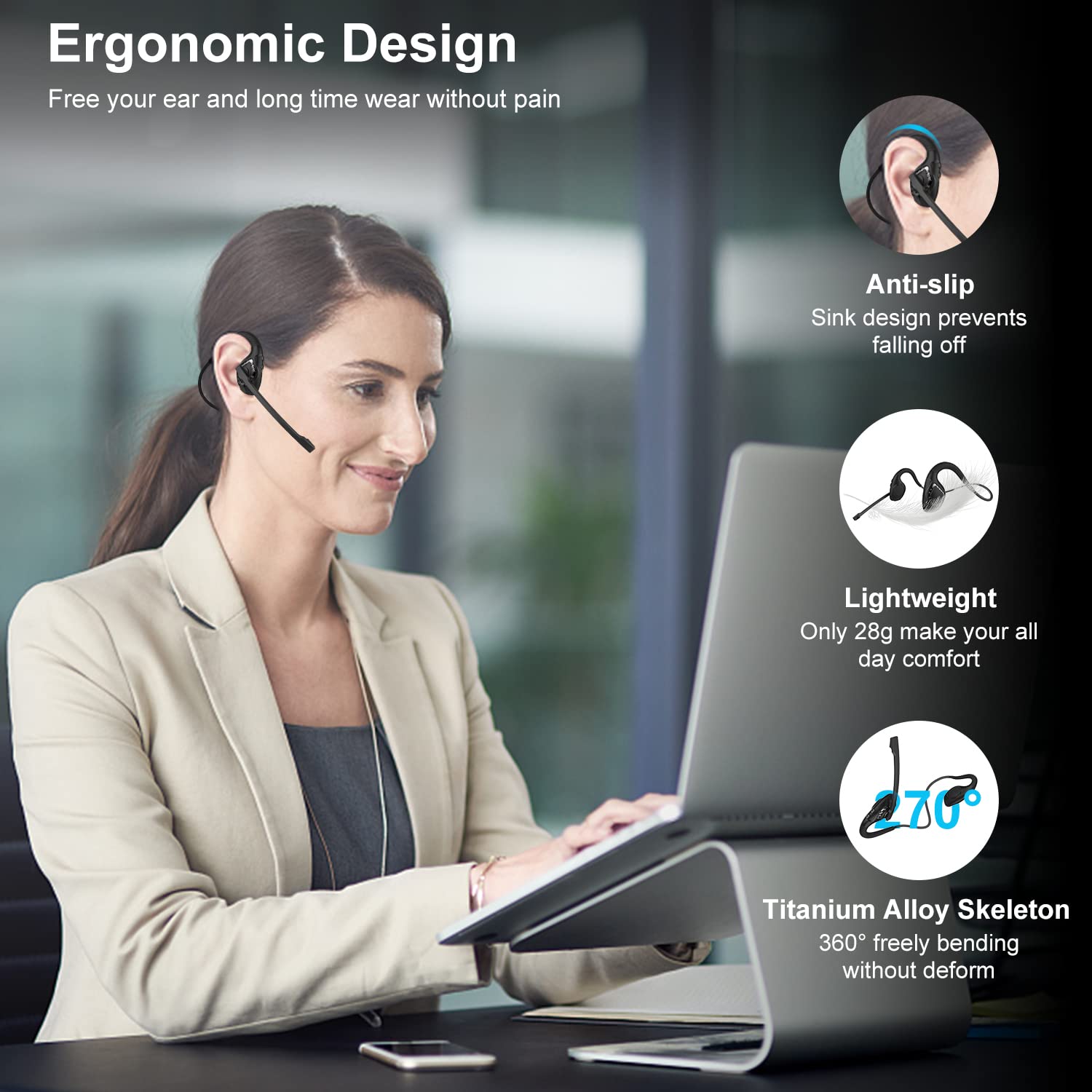 iDIGMALL Latest Bluetooth 5.3 Headset w/ CVC8.0 Noise Cancel Mic Boom, Open-Ear Air Conduction Wireless Stereo Headphones, All Day Comfortable Fit for Office Riding Driving Running Student Learningā¦