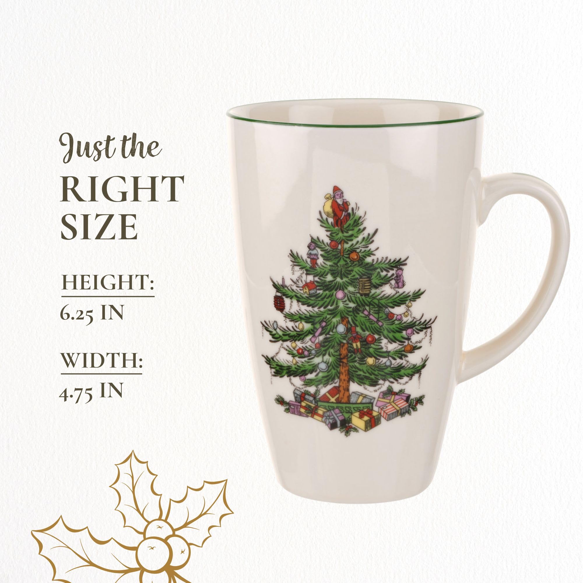 Spode Christmas Tree Latte Mug - 22 Oz Holiday Coffee Cup for Tea, Hot Cocoa, and More - Classic Green Banded Christmas Tree Design - Dishwasher & Microwave Safe Fine Earthenware Mug