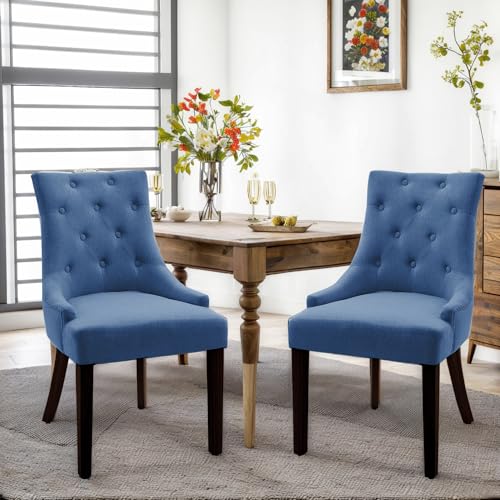 Fangflower Button Tufted Parsons Dining Chairs Set of 2 with Upholstered Fabric, High Back, Padded Seat for Kitchen Living Room Lounge, Blue