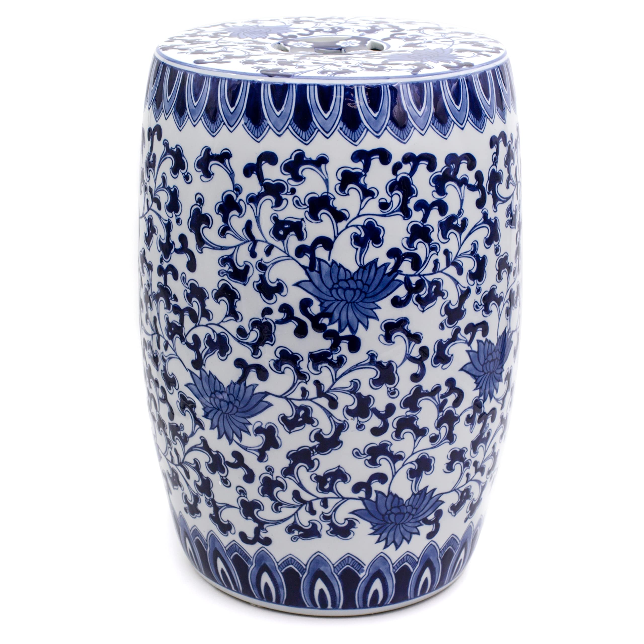 Euro Ceramica Claybarn Blue Garden Porcelain 16" Decorative Lotus Drum Stool