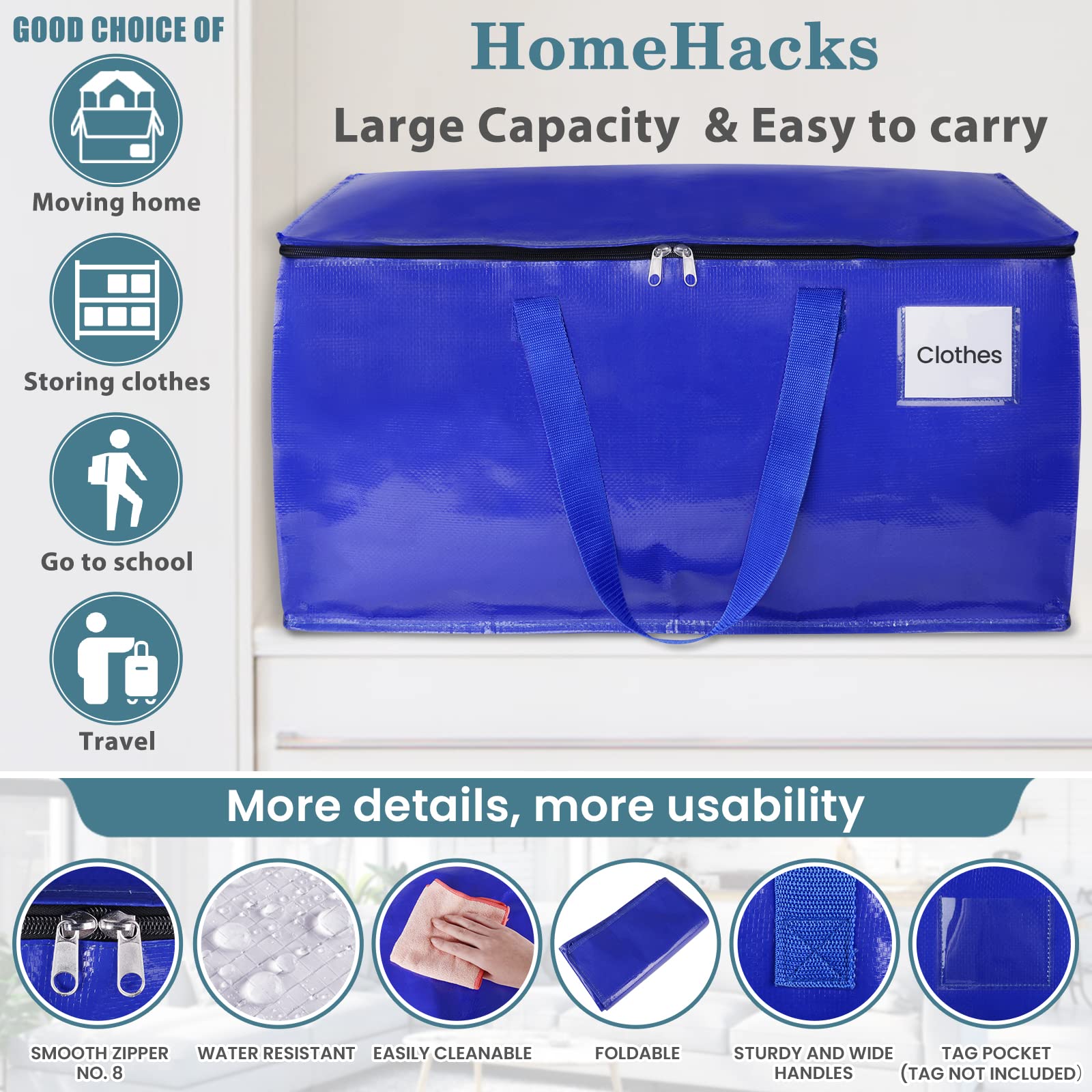 HomeHacks Moving Bags, 8-Pack Heavy Duty with Strong Zippers and Handles Collapsible Moving Supplies, Storage Totes for Packing & Moving Storing 93L (Blue)