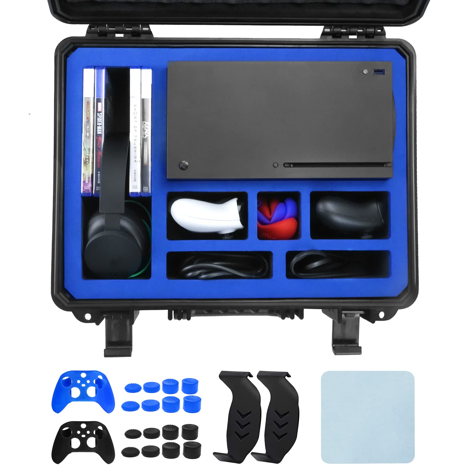 Hard Shell Travel Carrying Case for Xbox Series X - Waterproof Shockproof Case with Customized Foam Inlay for Xbox Series X Console, Headset, Games, Controllers, Cables and Other Accessories, Blue