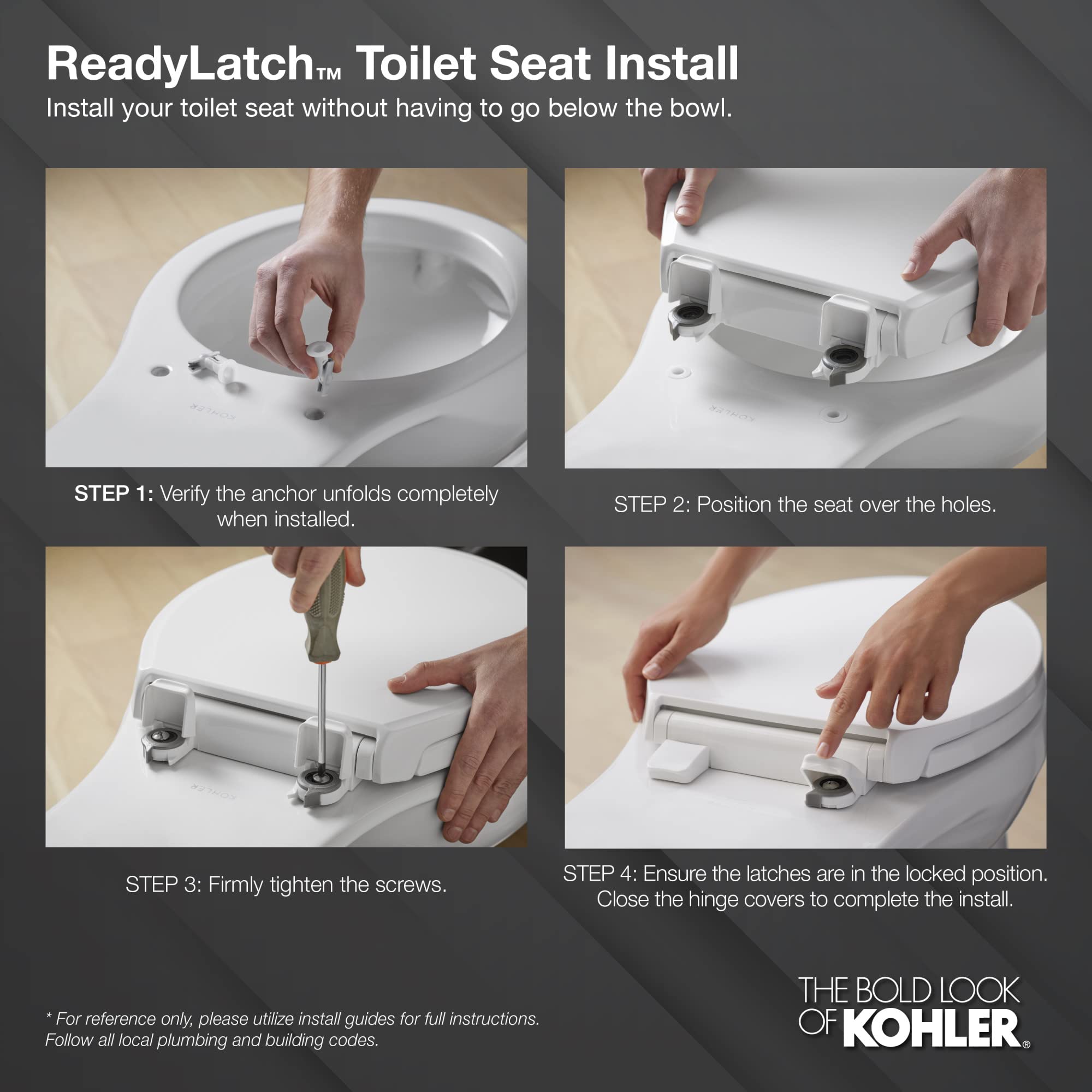 KOHLER 4734-RL-0 Rutledge ReadyLatch Elongated Toilet Seat, Quiet-Close Lid and Seat, Countoured Seat, Grip-Tight Bumpers and Installation Hardware, White